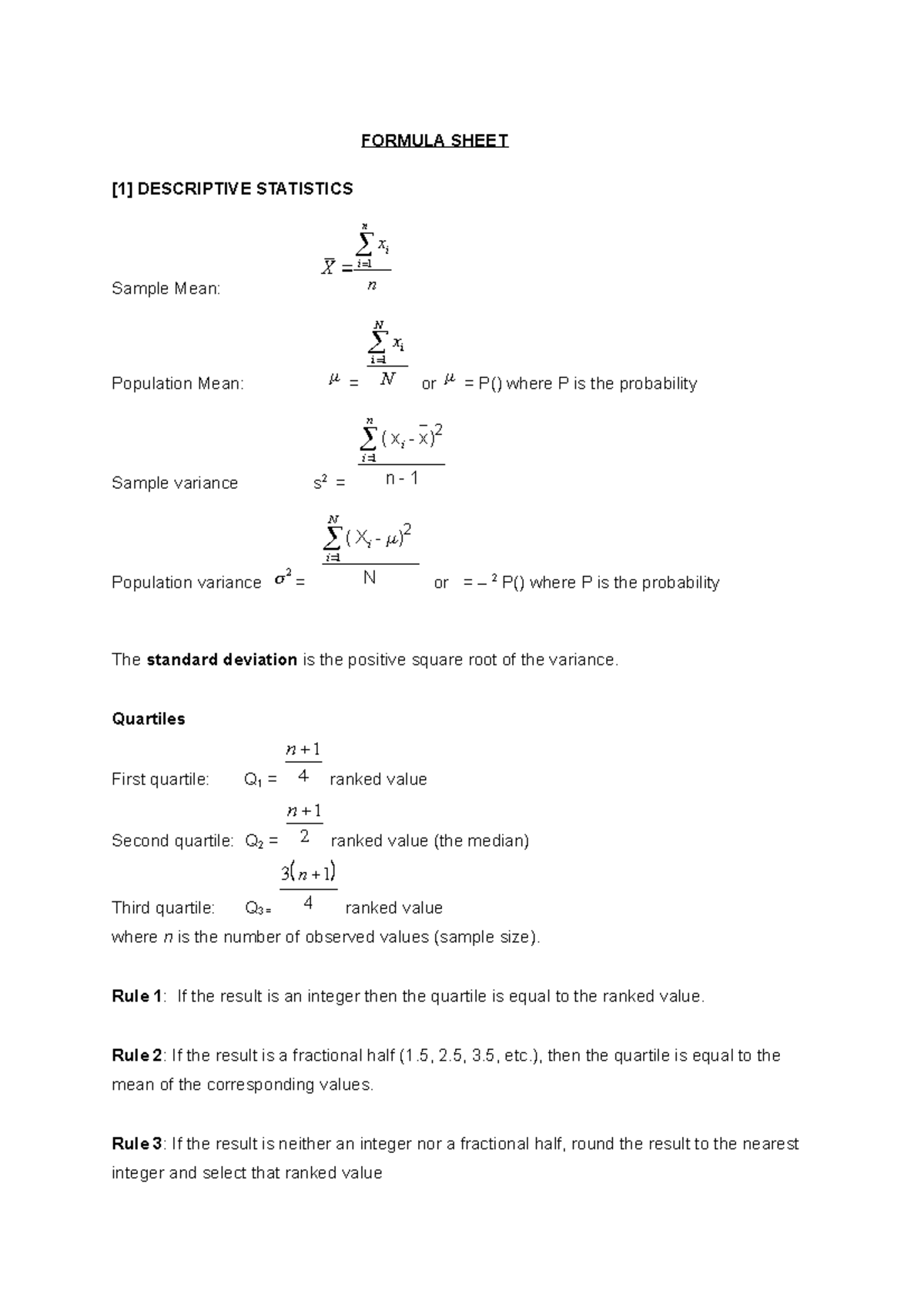 Formula Sheet for the quiz - FORMULA SHEET [1] DESCRIPTIVE STATISTICS ...