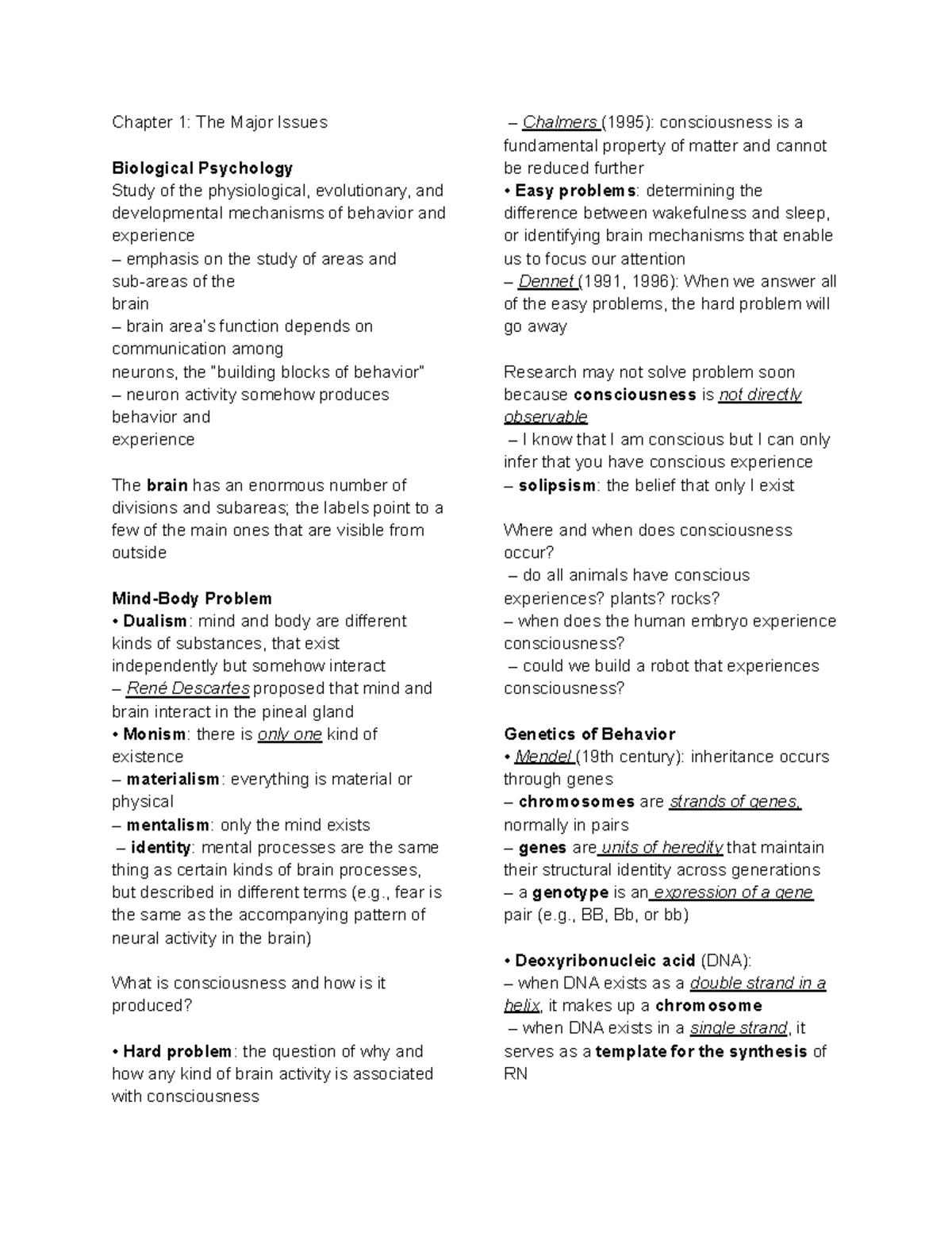 Physio Bio Notes - Chapter 1: The Major Issues Biological Psychology ...