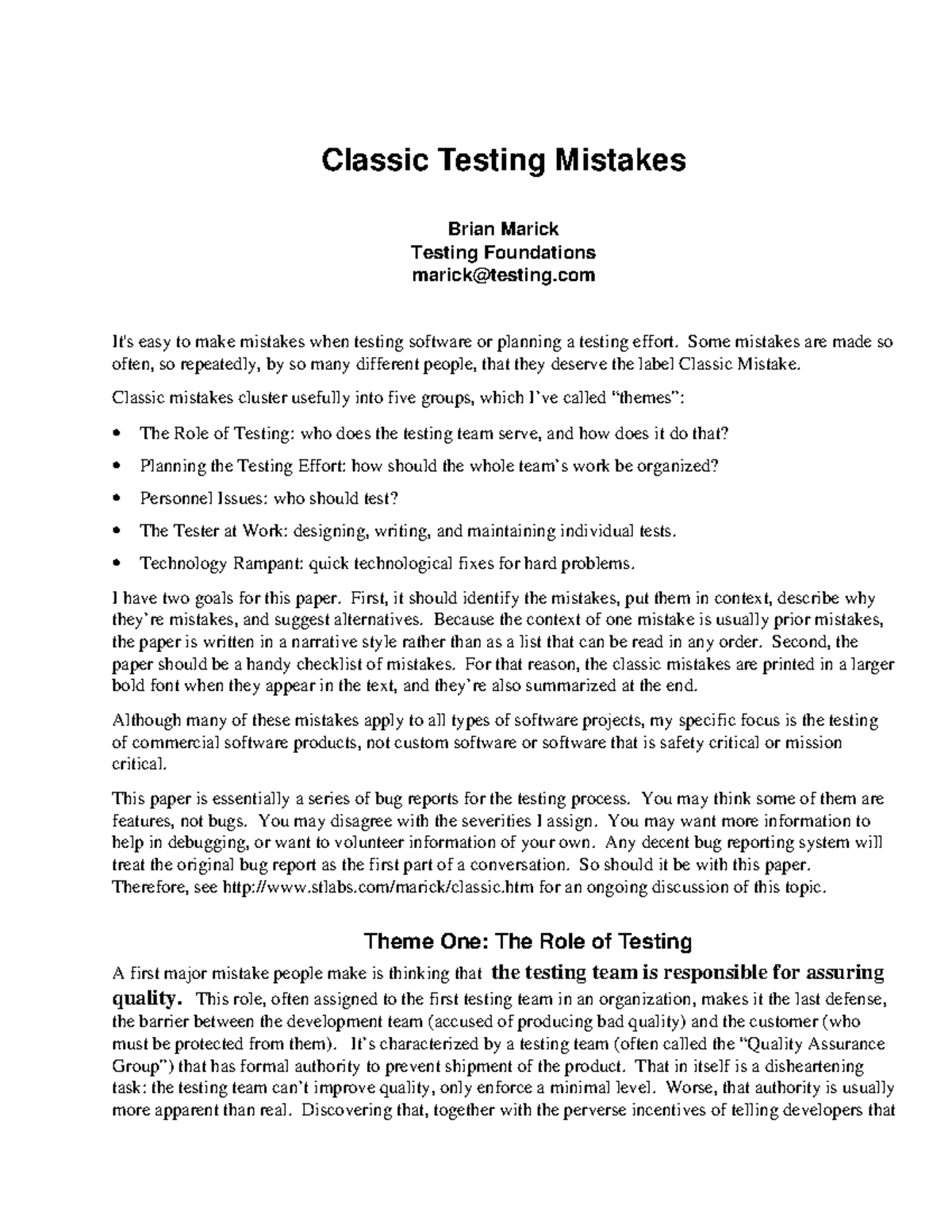 Classic testing mistakes - Classic Testing Mistakes Brian Marick ...