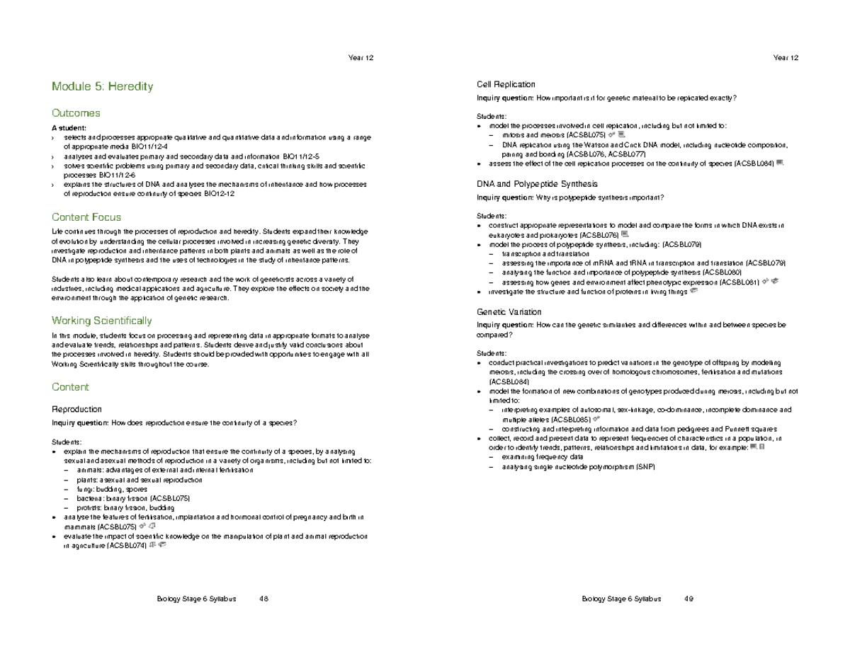 Biology Stage 6 Syllabus 2017 - Module 5: Heredity Outcomes A student ...