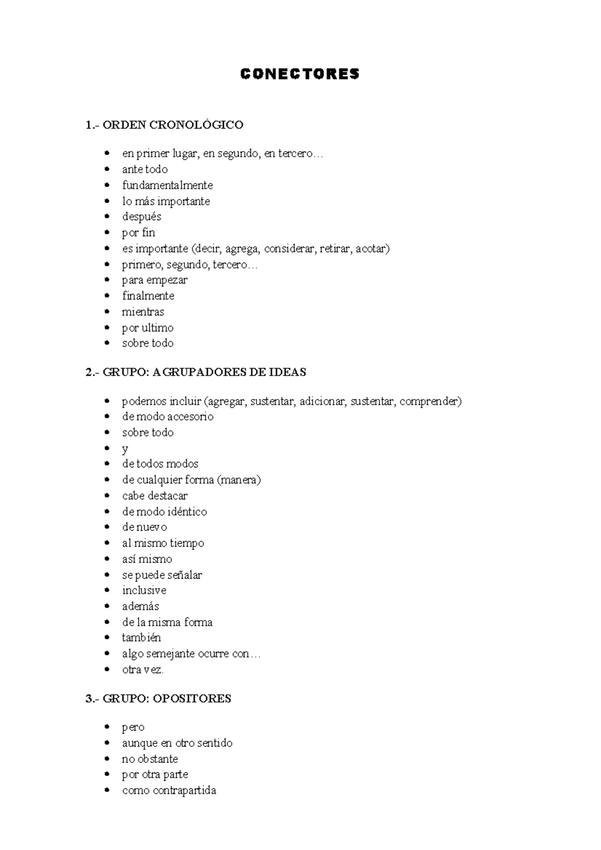 Lista-de-conectores - lista de conectivos - CONECTORES 1.- ORDEN ...