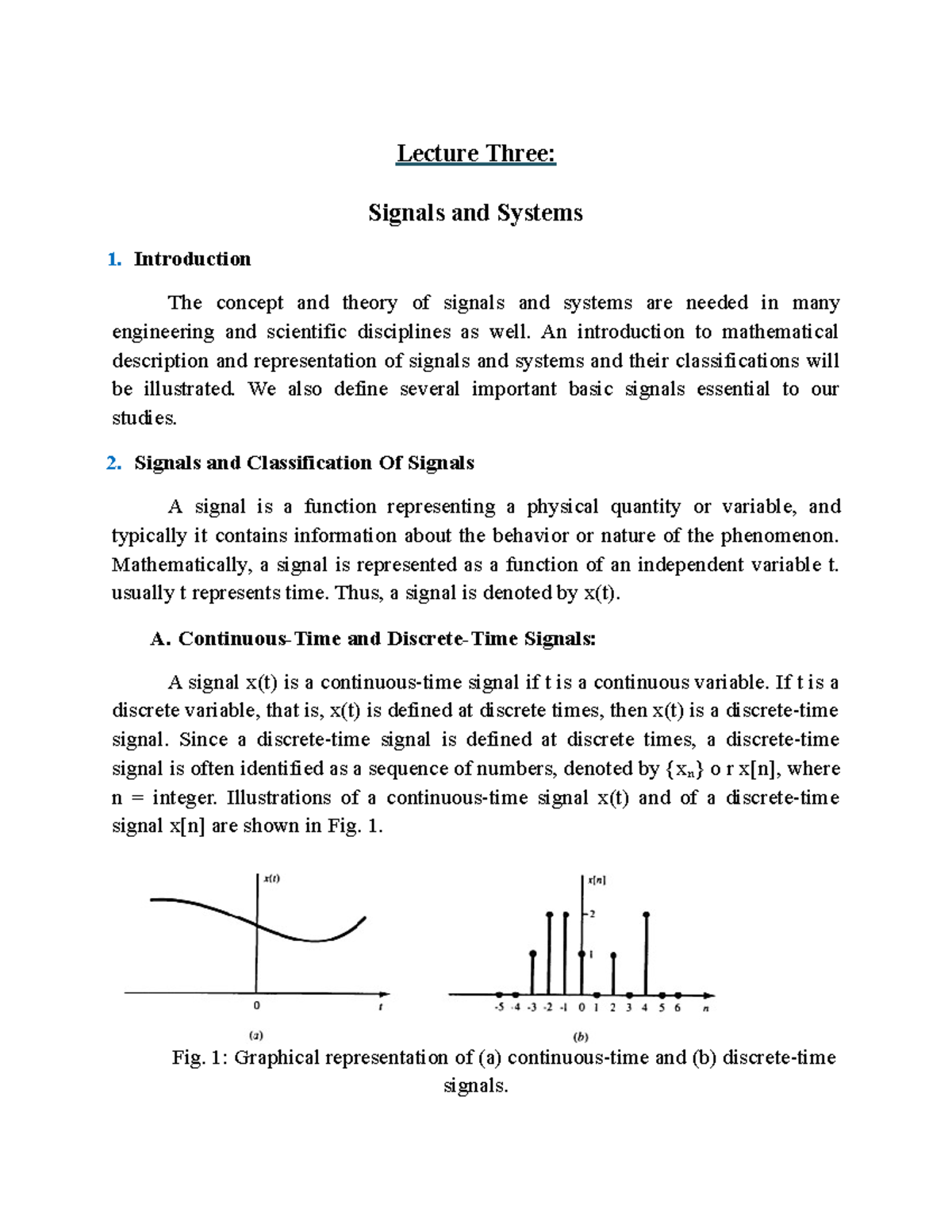 Signals and Systems in communication - Lecture Three: Introduction Signals and Systems The ...