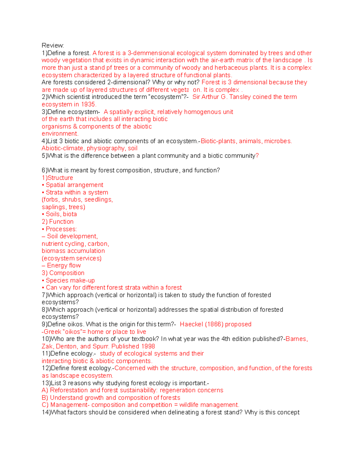 Ecology study guide - Review: 1)Define a forest. A forest is a 3 ...
