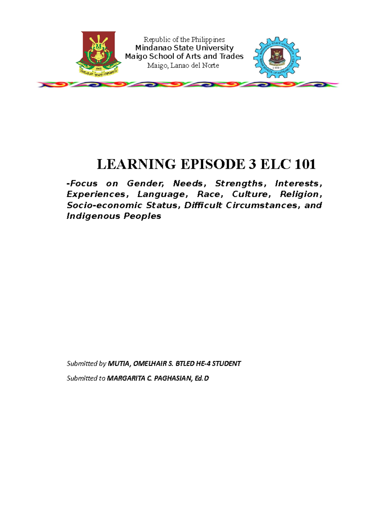 DONE Learning- Episode-3-ELC-101 - Republic of the Philippines Mindanao State University Maigo ...