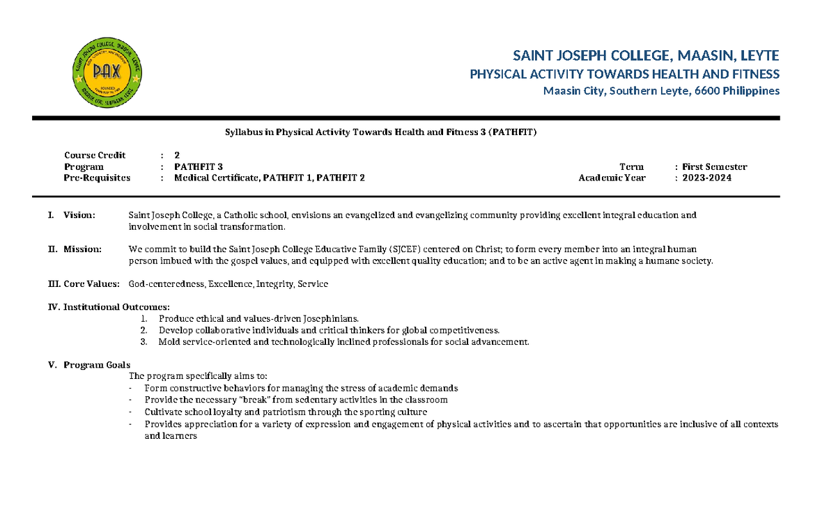 Pathfit-3-Syllabus - SAINT JOSEPH COLLEGE, MAASIN, LEYTE PHYSICAL ...