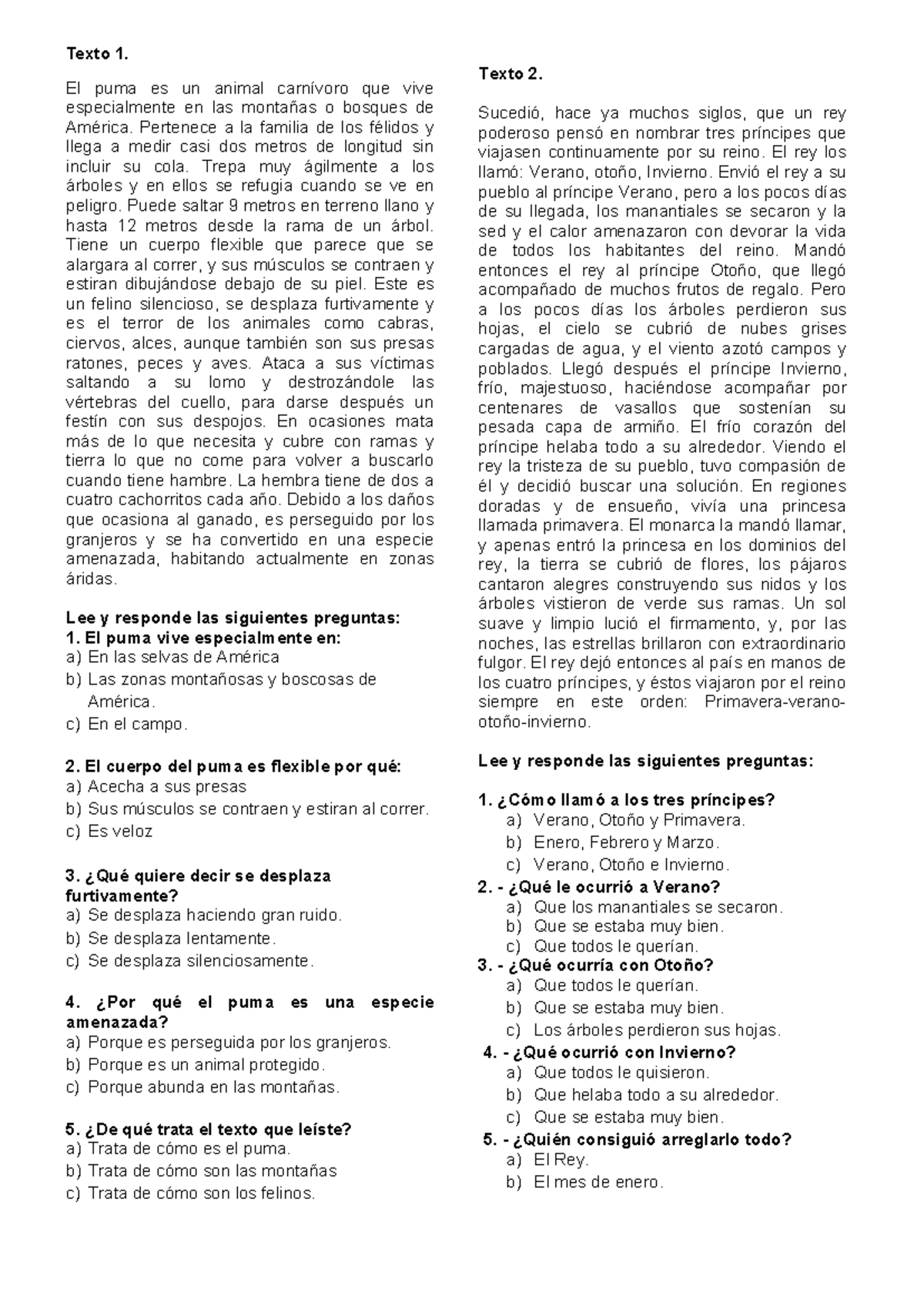 Comprensión lectora 4to primaria - Texto 1. El puma es un animal ...