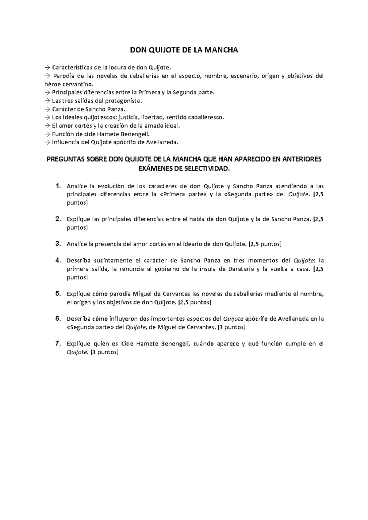 10. Don Quijote de la Mancha - preguntas selctividad - DON QUIJOTE DE LA MANCHA → ...