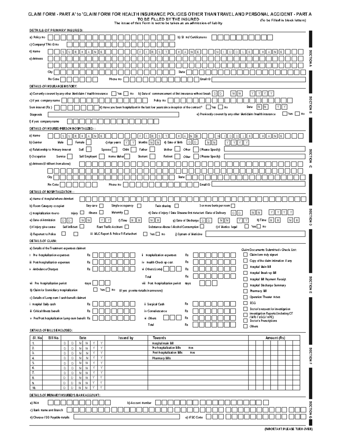 IRDA Claim Form - CLAIM FORM - PART A' to 'CLAIM FORM FOR HEALTH ...