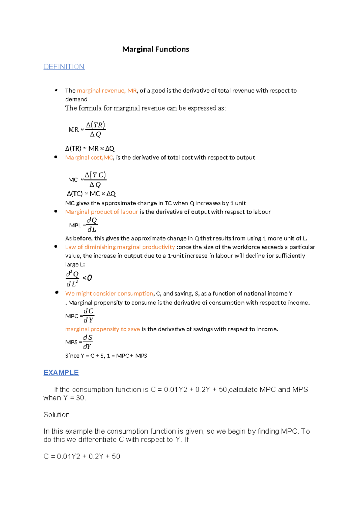 Marginal Functions Marginal Functions Marginal Functions Definition The Marginal Revenue Mr