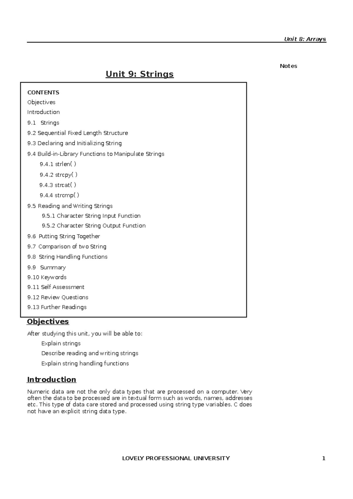 Unit 9 - notes - Unit 8: Arrays Notes Unit 9: Strings CONTENTS ...