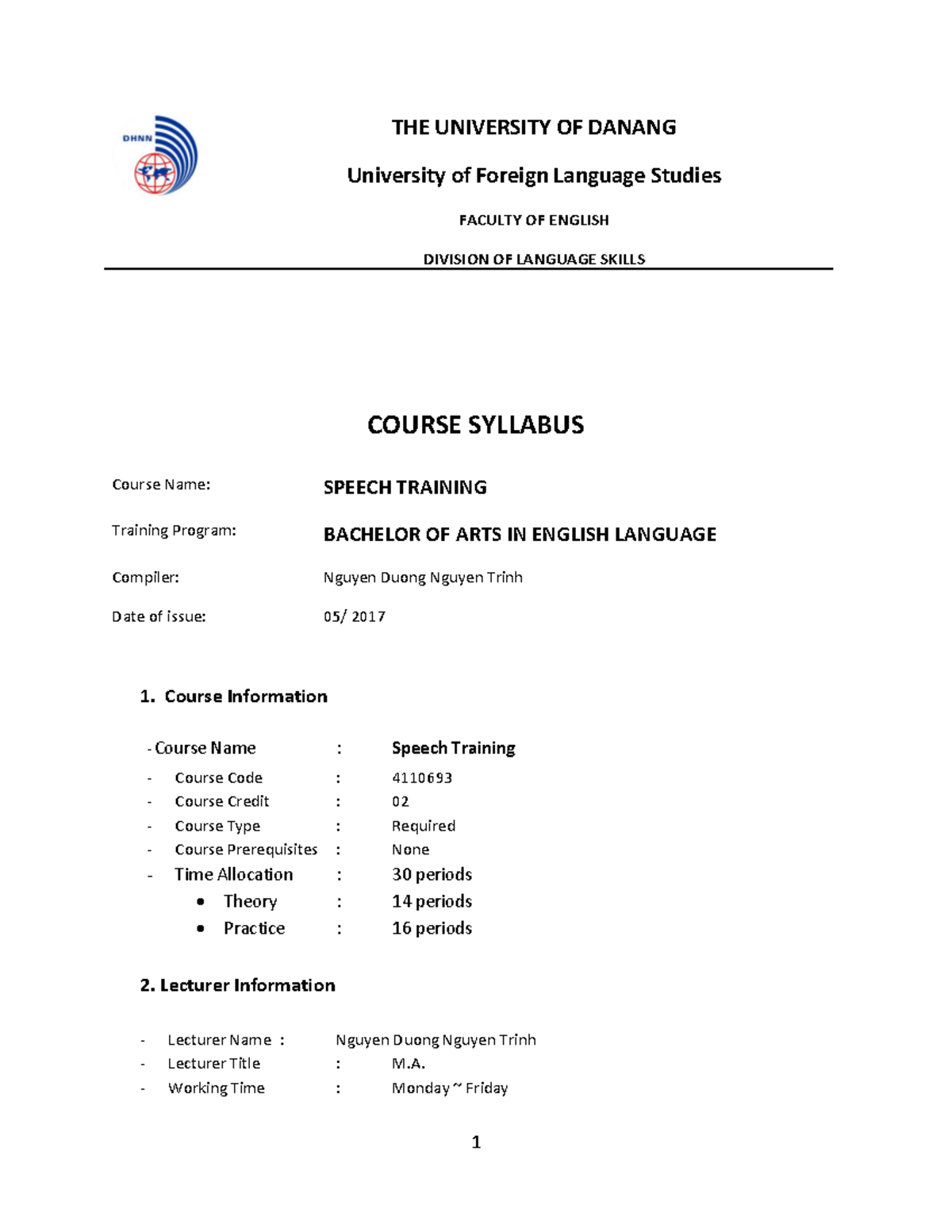 Course Syllabus - Speech Training add PAGE Numbers - THE UNIVERSITY OF ...