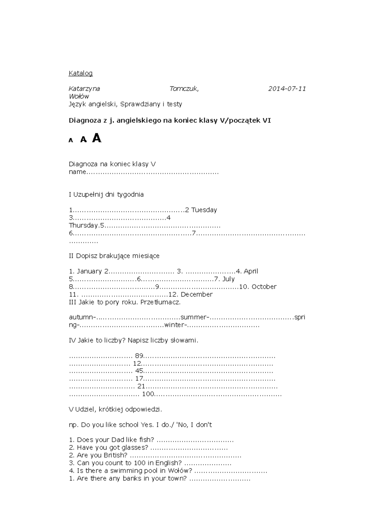 Test z angielskiego diagnoza - Katalog Katarzyna Tomczuk, 2014-07 ...