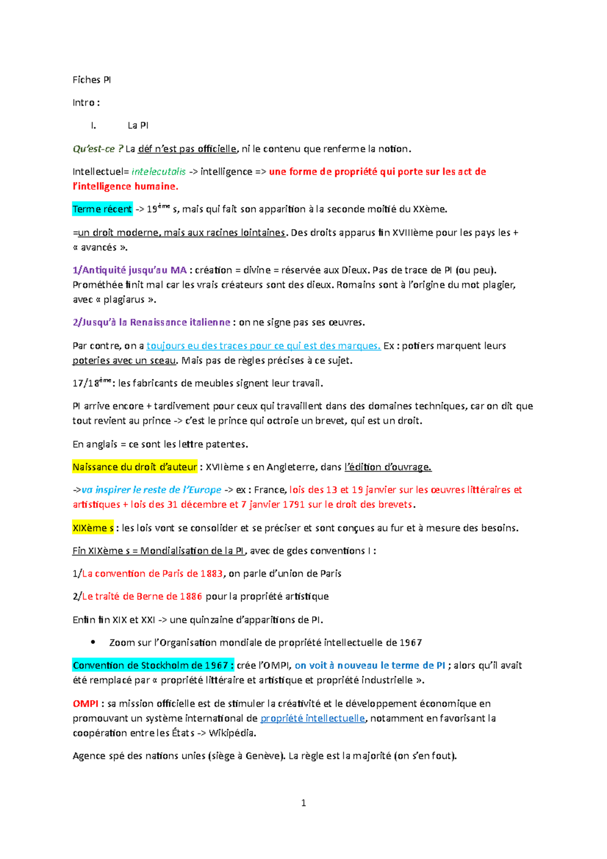 Fiches PI - cours complet - Fiches PI Intro : I. La PI Qu’est-ce? La déf n’est pas officielle ...