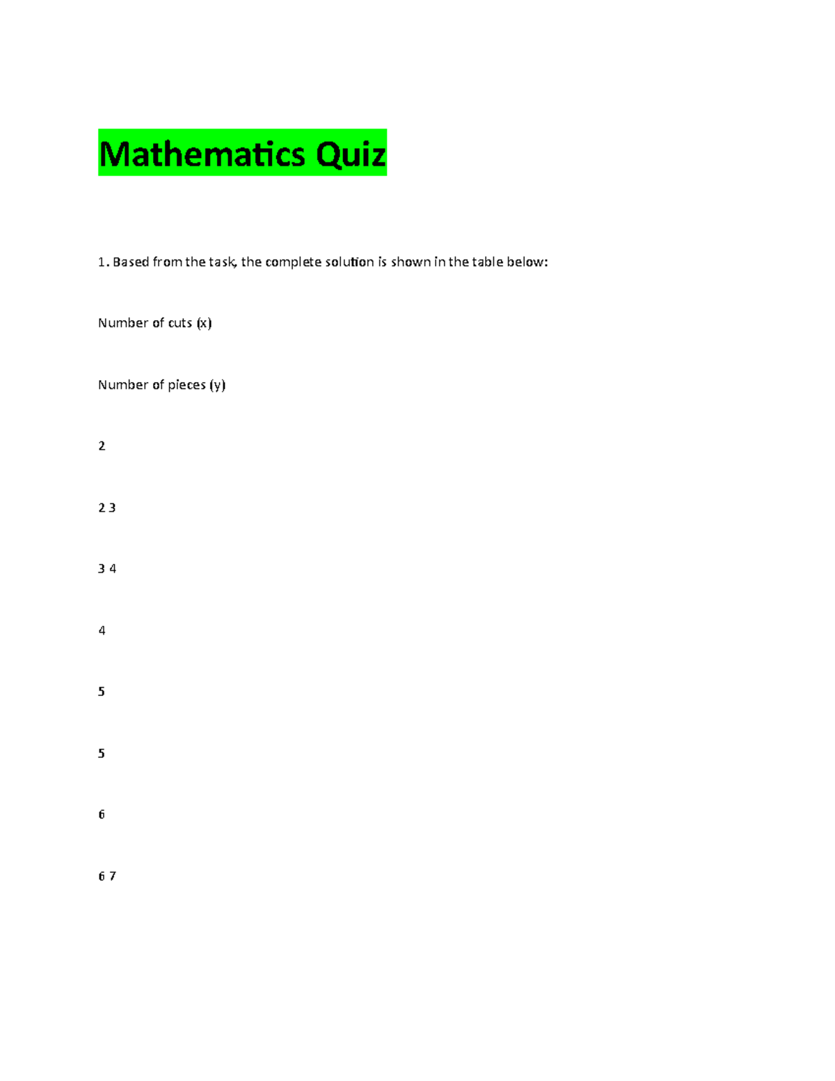 Math-5 - Lecture notes 5 - Mathematics Quiz Based from the task, the ...