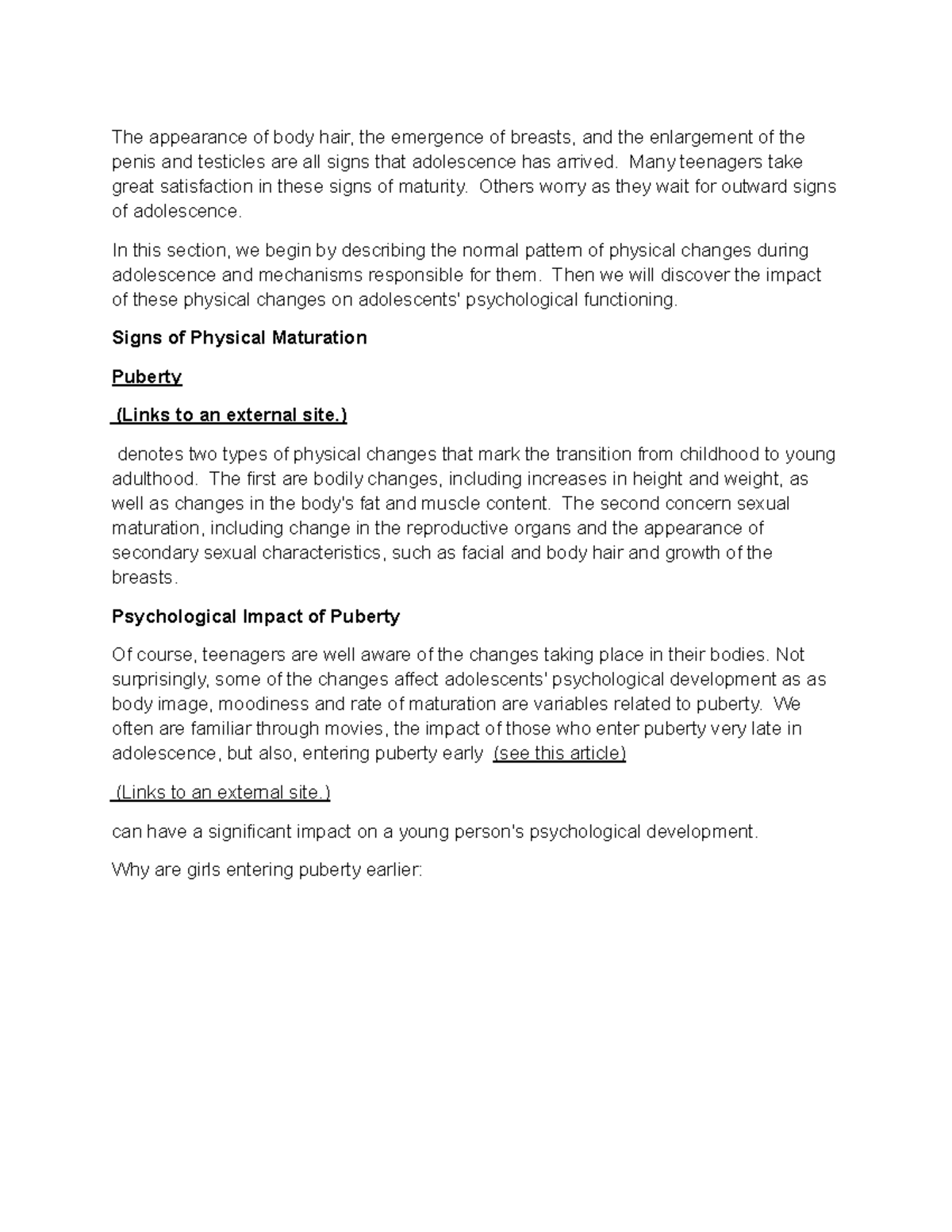 Psych - notes - The appearance of body hair, the emergence of breasts ...