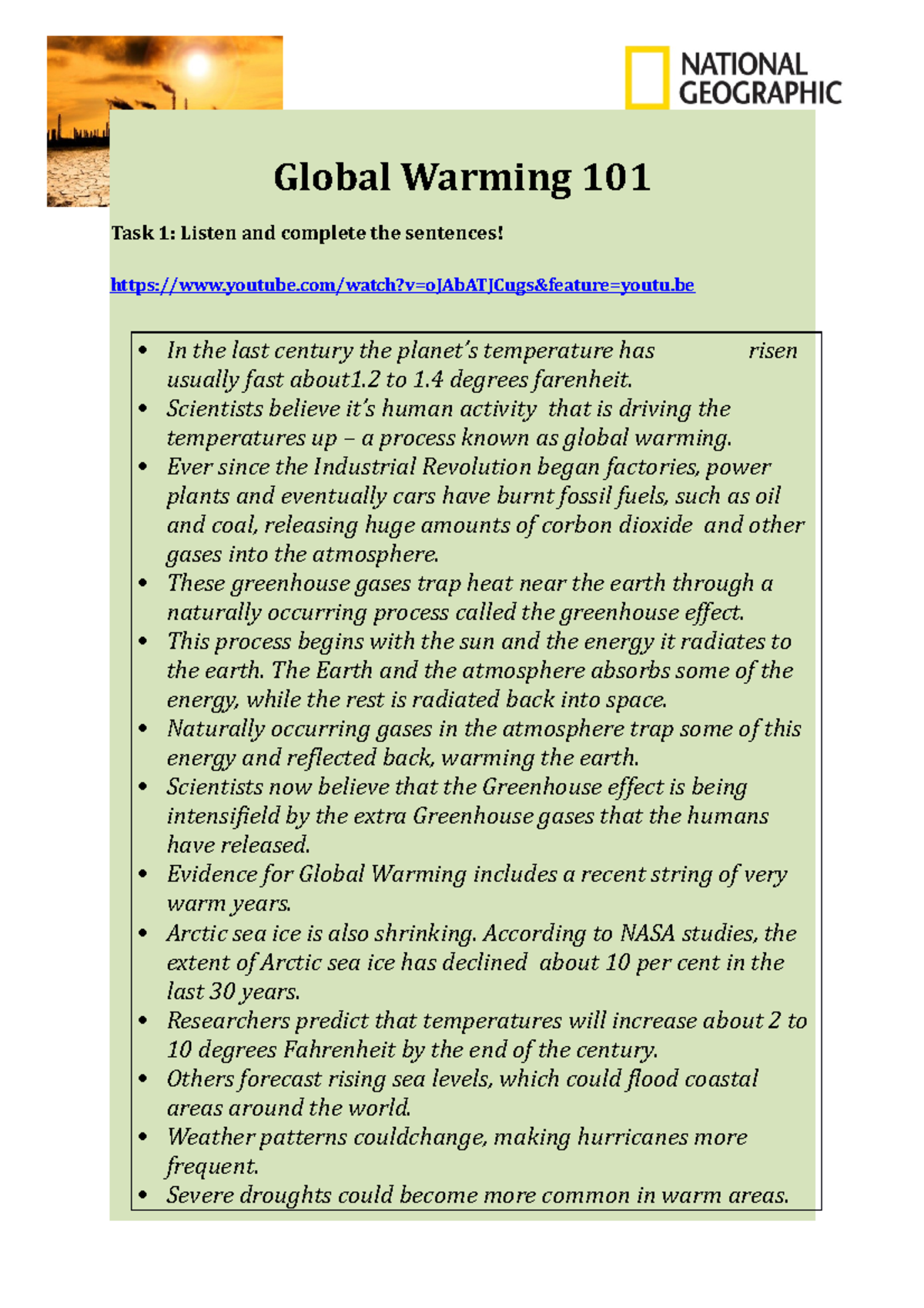 Global Warming Listening and Writing - Global Warming 101 Task 1 ...
