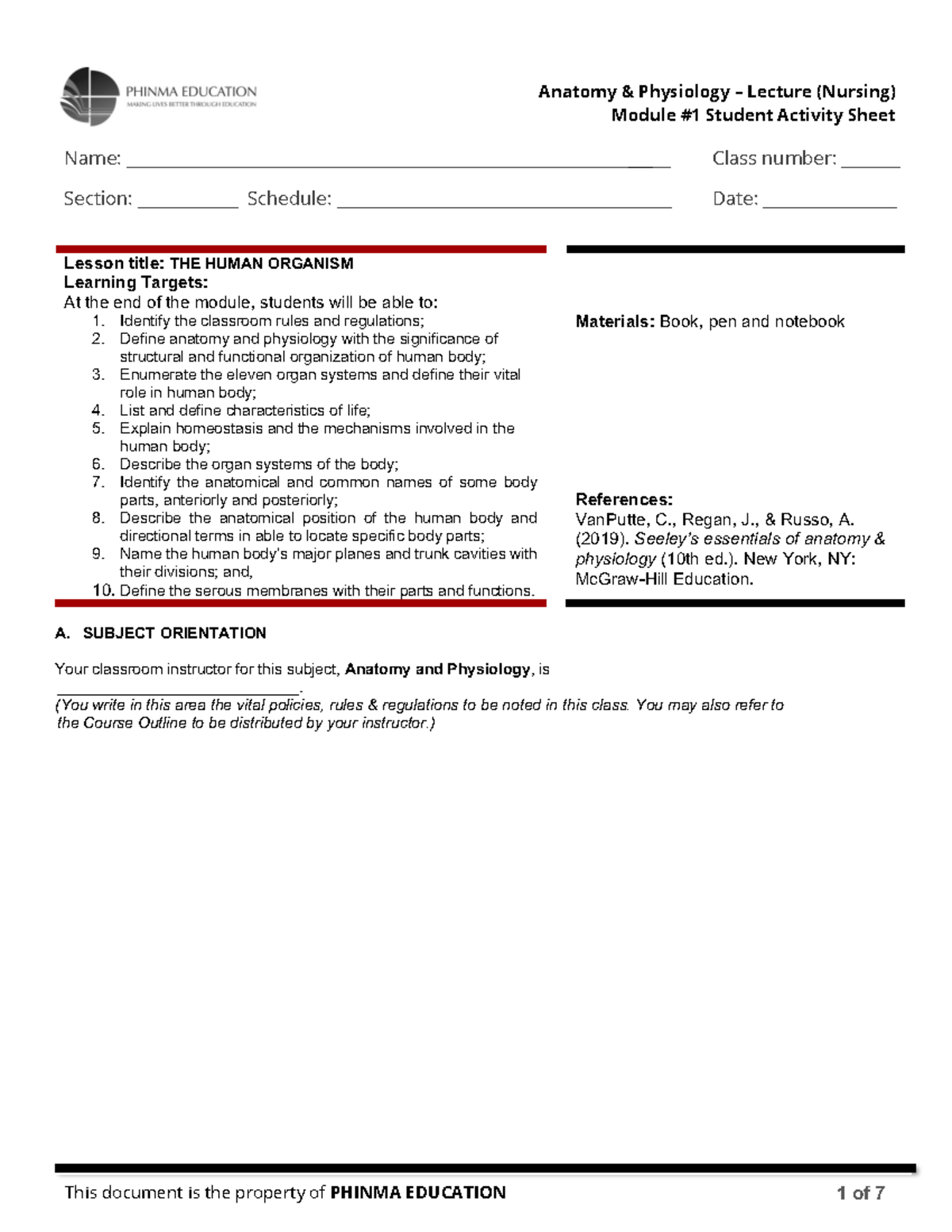 Nursing Anaphy Lec Session #1 - Module #1 Student Activity Sheet Name ...