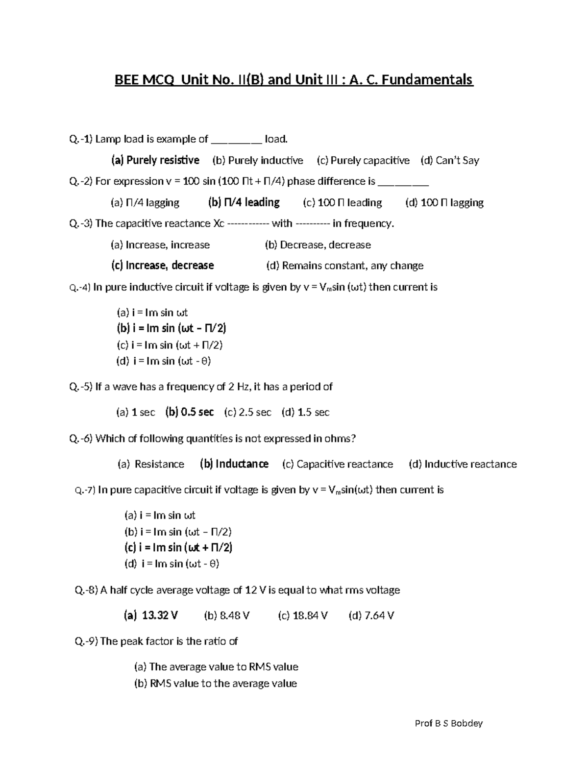 BEE MCQ Unit III - Summary Abaakaas - BEE MCQ Unit No. II(B) and Unit III : A. C. Fundamentals Q ...