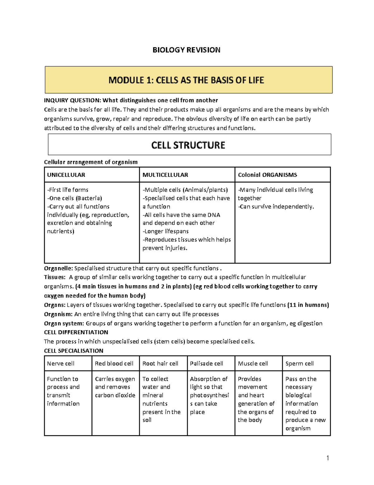 Y11 BIOLOGY SUMMARY NOTES - BIOLOGY REVISION INQUIRY QUESTION: What ...