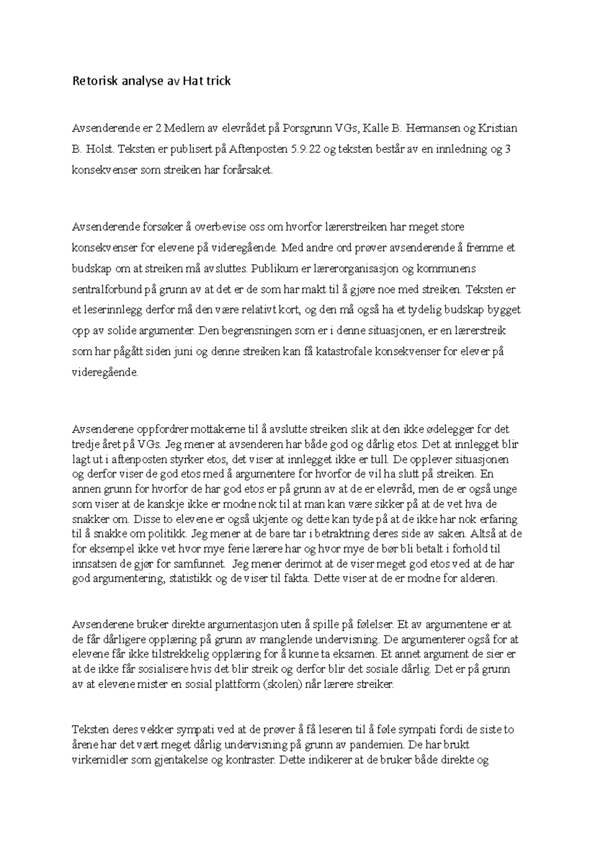 Retorikk - Retorisk analyse av "speilet" - Retorisk analyse av Hat trick Avsenderende er 2 ...