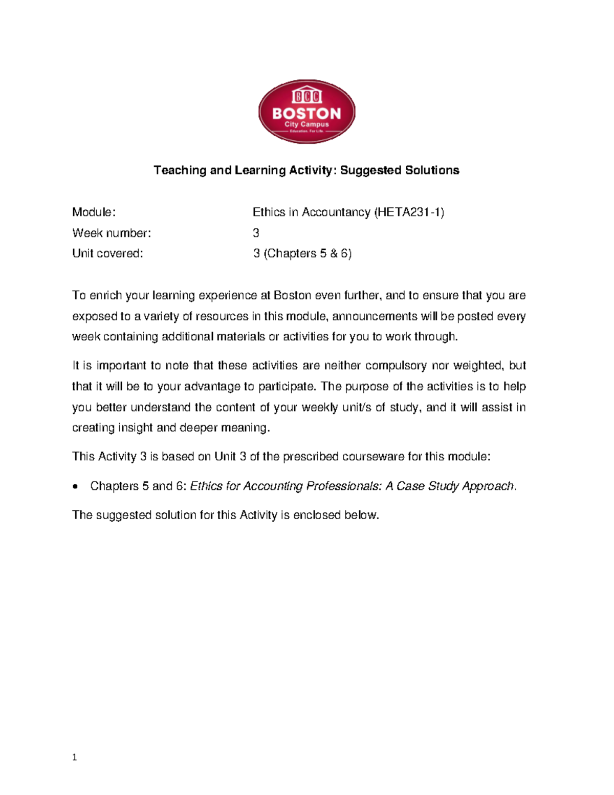 HETA231-1-TL-Week 3-Unit 3-Memo - 1 Teaching and Learning Activity ...