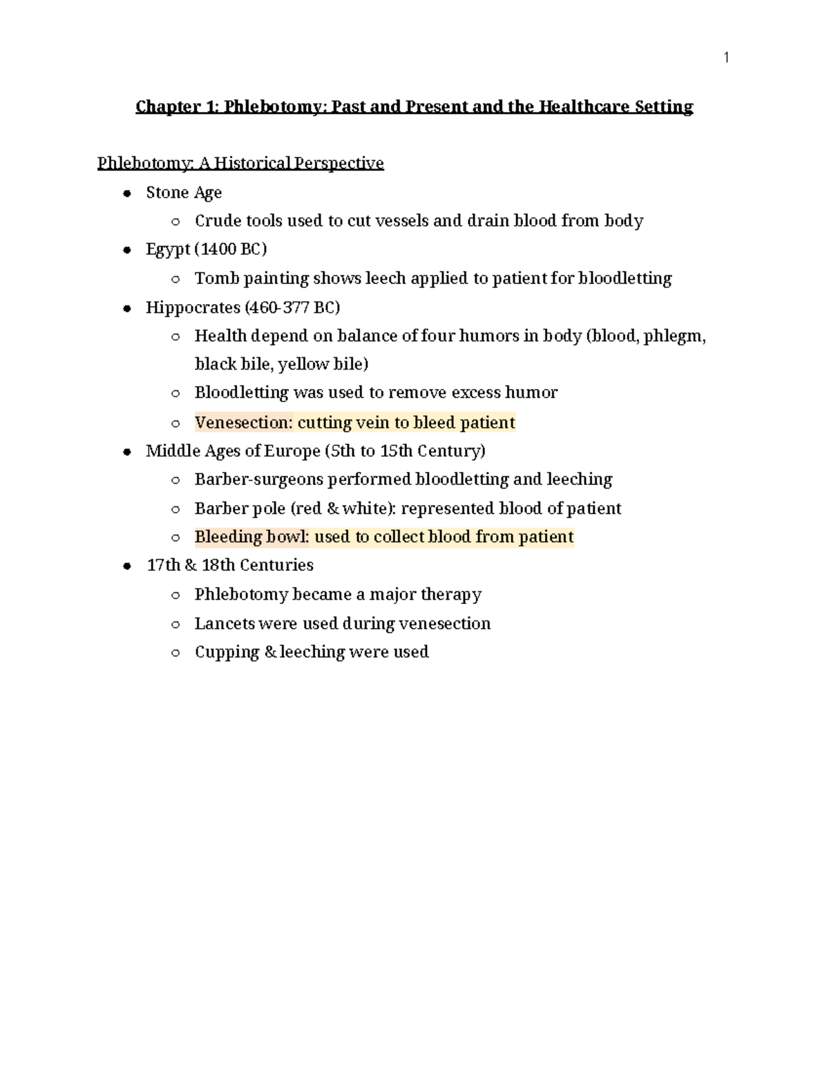 Chapter 1 Notes - **Chapter 1: Phlebotomy: Past and Present and the ...