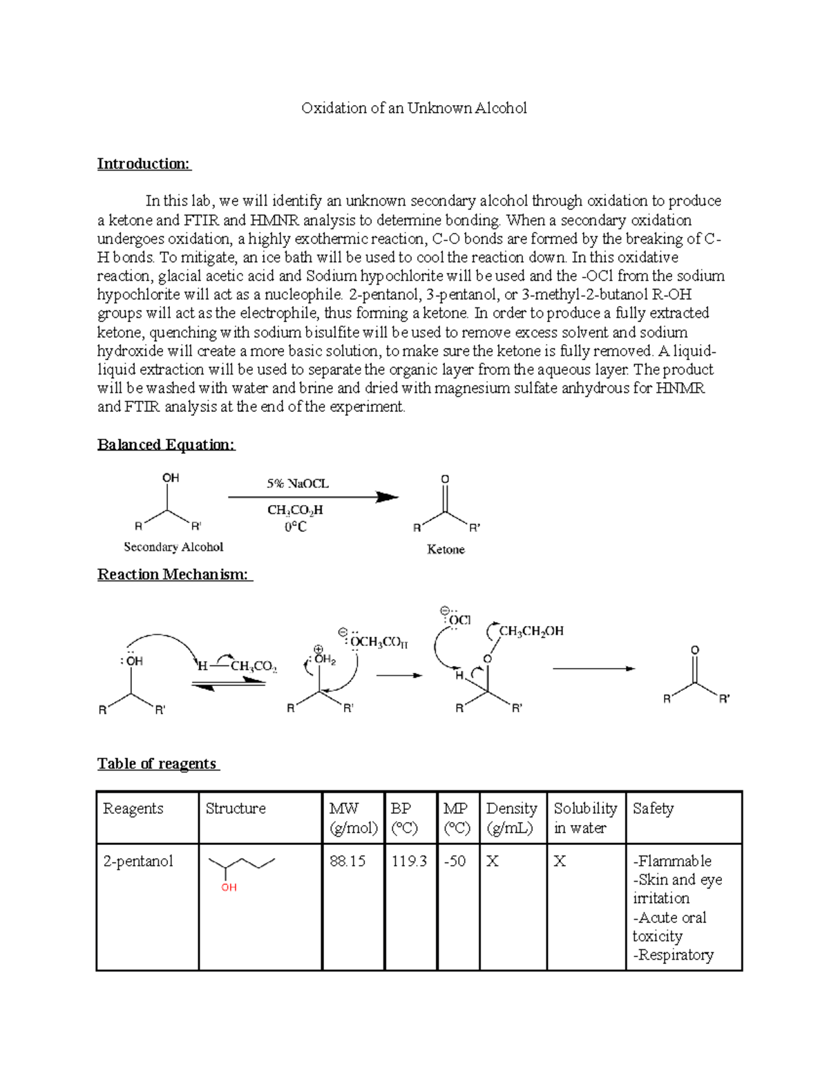 2212 Lab 1 - Oxidation of Unknown Alcohol - Oxidation of an Unknown ...
