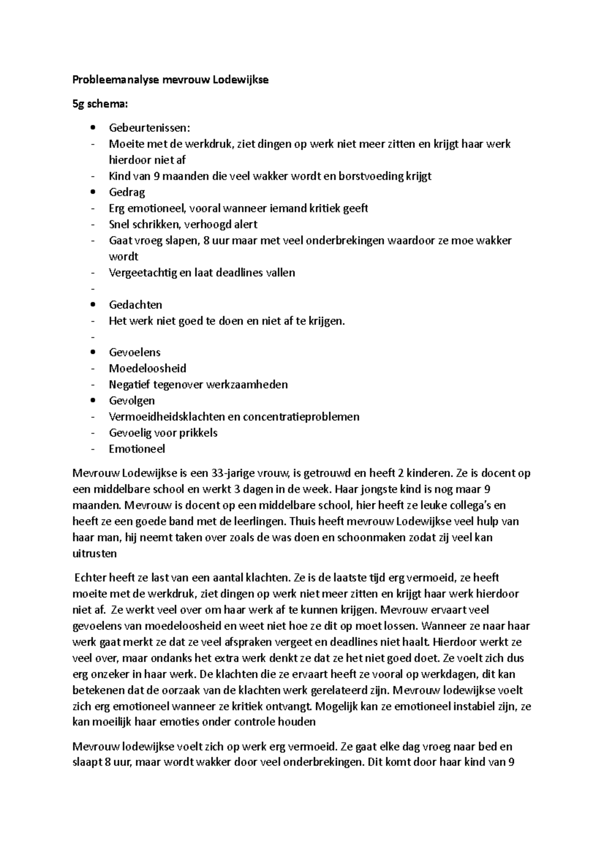 Probleemanalyse mevrouw Lodewijkse - Gevoelens Moedeloosheid Negatief ...