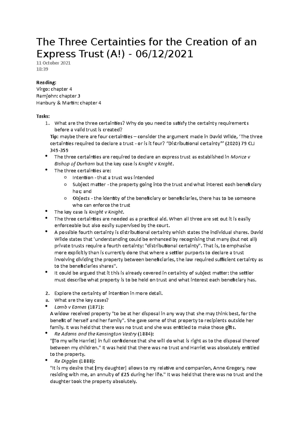 S8 - Graded assessed seminar - The Three Certainties for the Creation of an Express Trust (A ...