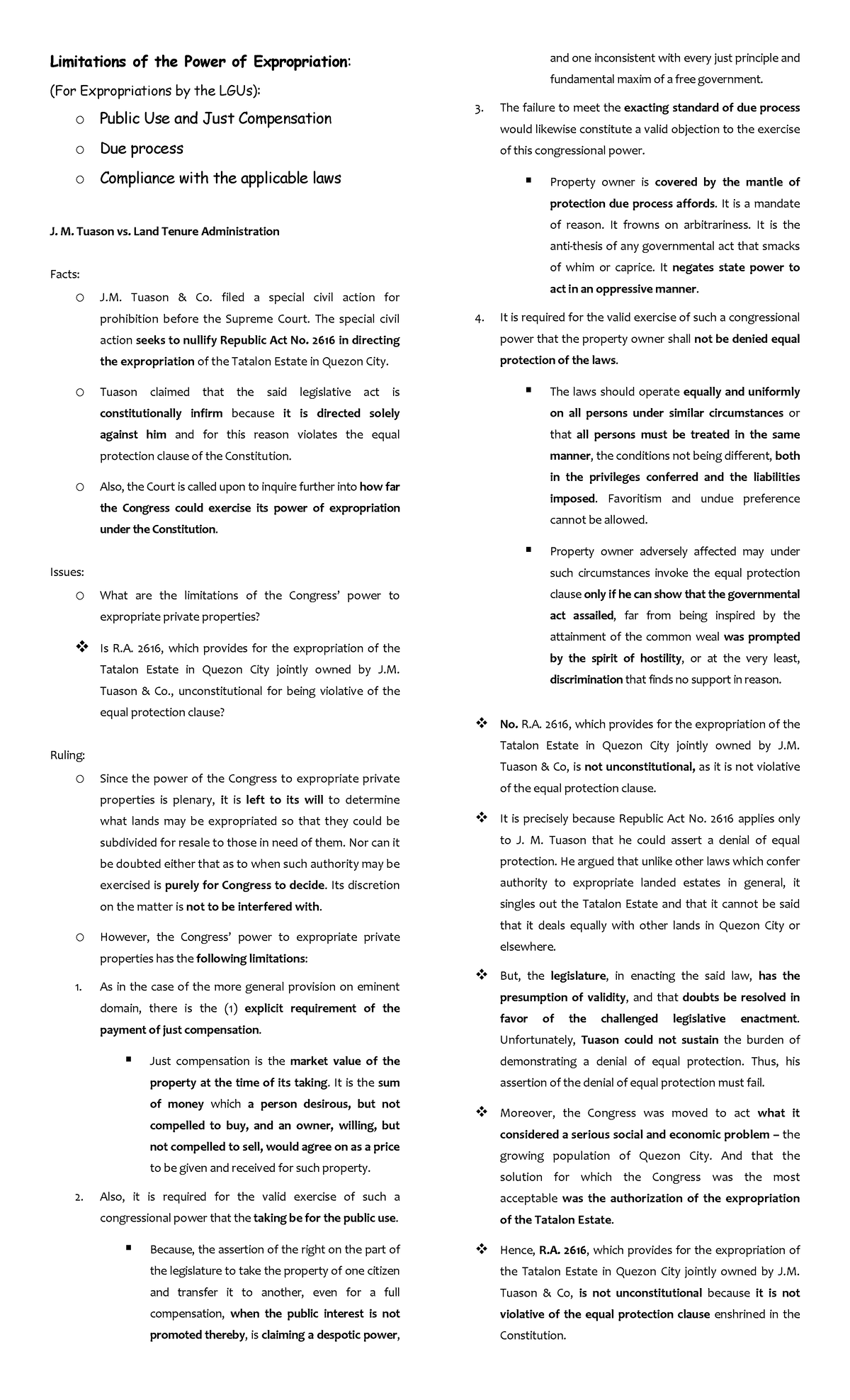 JM Tuason property case - Limitations of the Power of Expropriation ...
