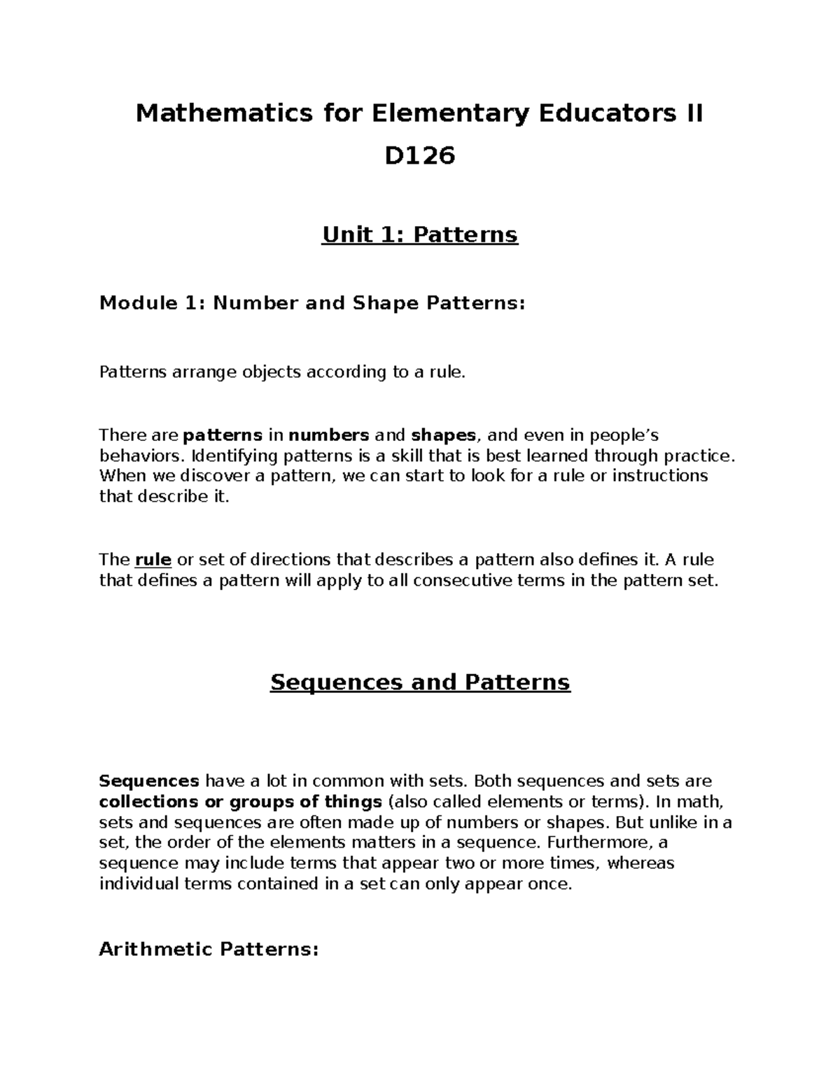 Math Elem Unit 1 Notes - Mathematics for Elementary Educators II D Unit ...