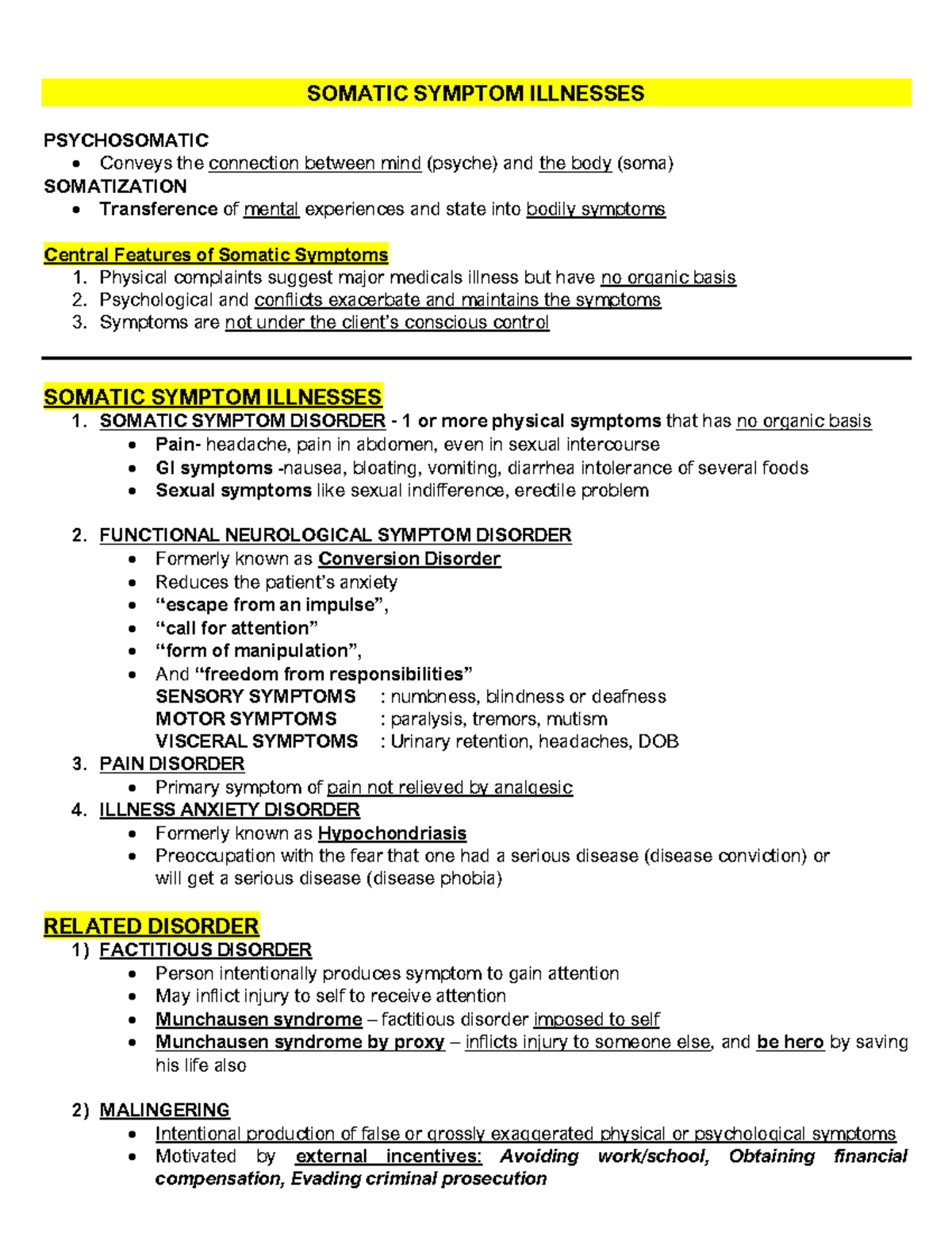 Somatic- Symptom- Illnesses - SOMATIC SYMPTOM ILLNESSES PSYCHOSOMATIC ...