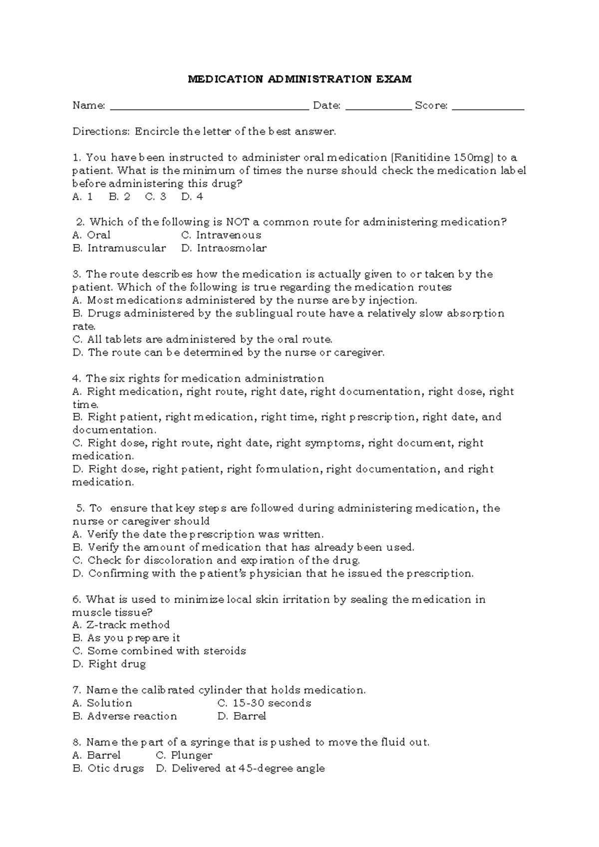 Medication- Administration-EXAM - MEDICATION ADMINISTRATION EXAM Name ...