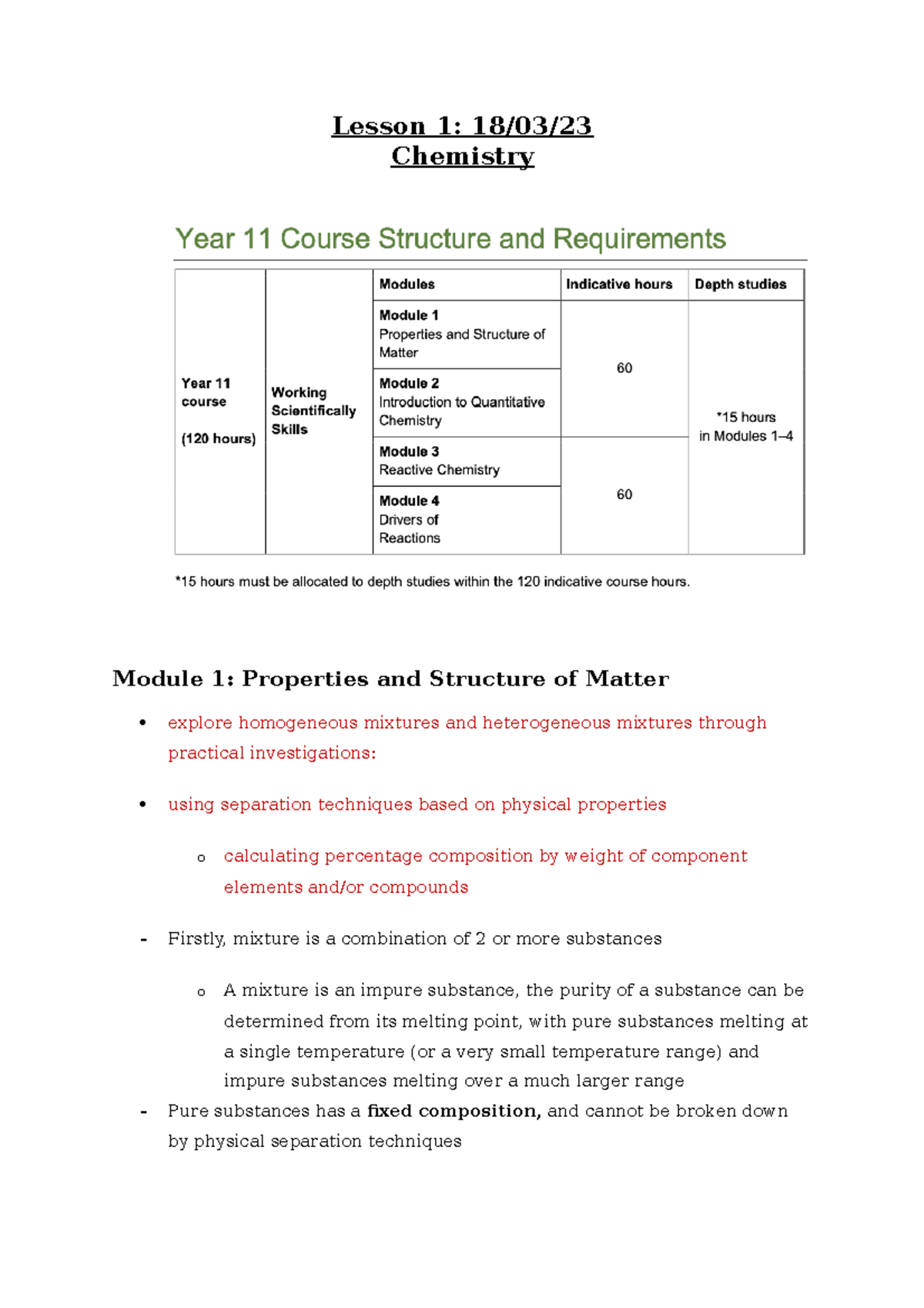 Lesson 1 - Notes on the first few topics of chemistry - Lesson 1: 18/03 ...
