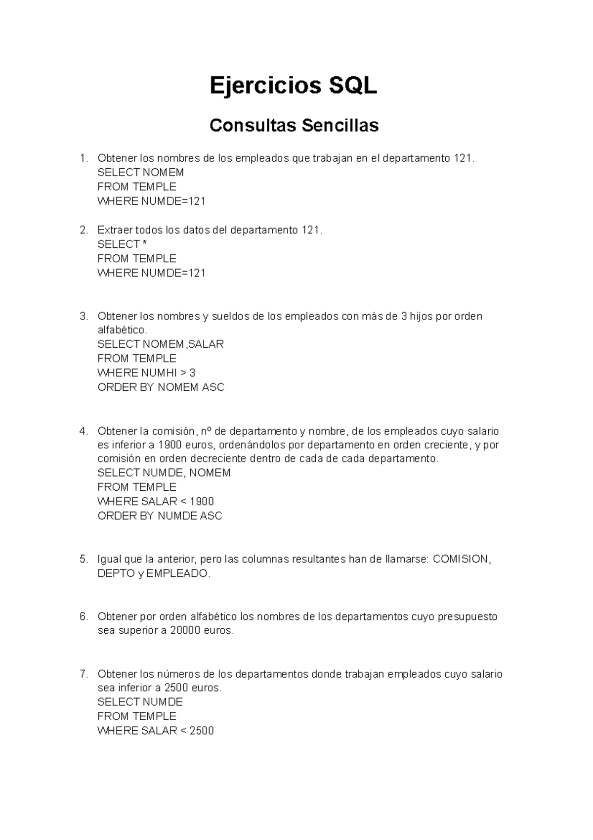 P1 SQL - Ejercicios SQL referentes a la practica 1 - Ejercicios SQL ...