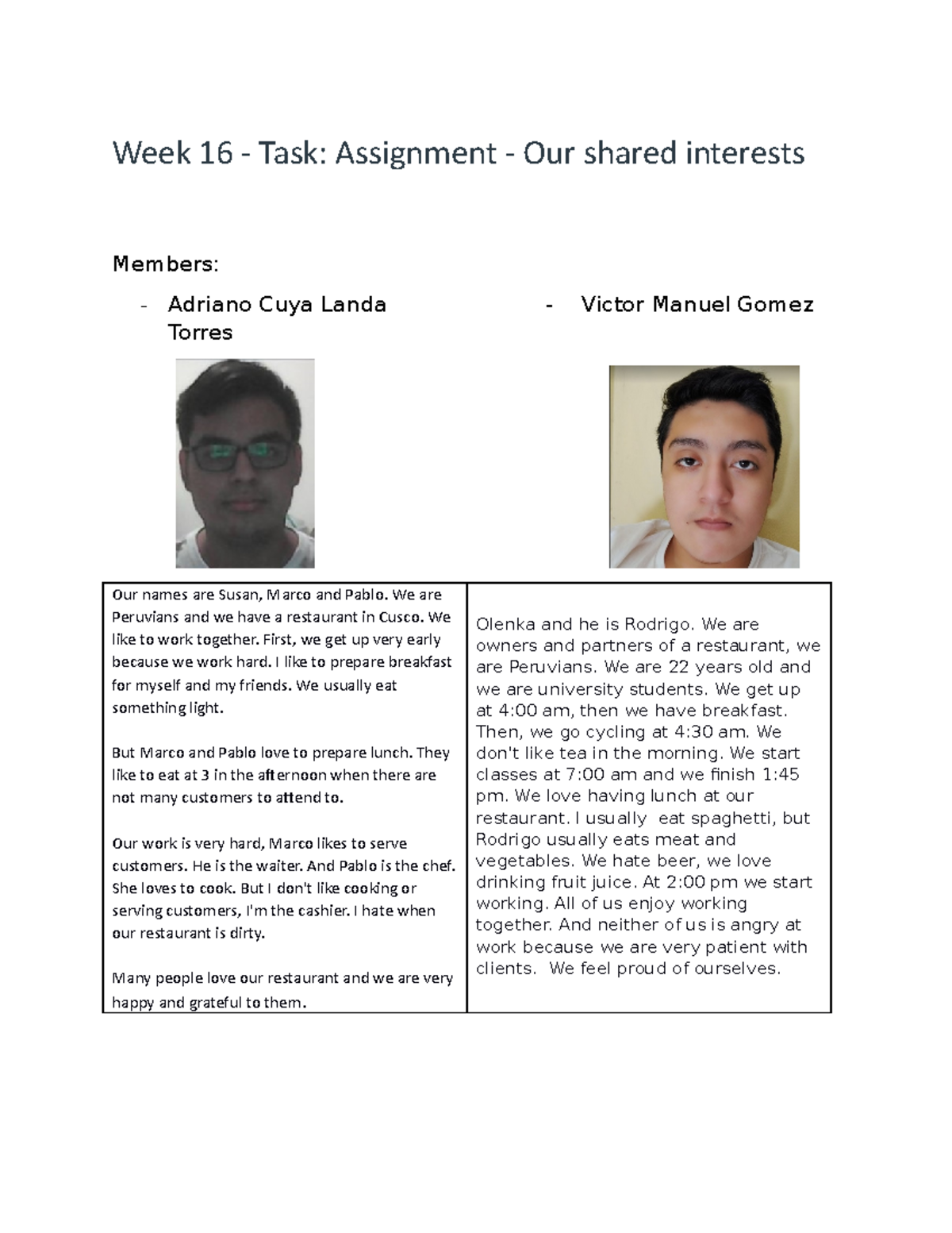 Week 16 Task Assignment Our shared interests - Week 16 - Task ...