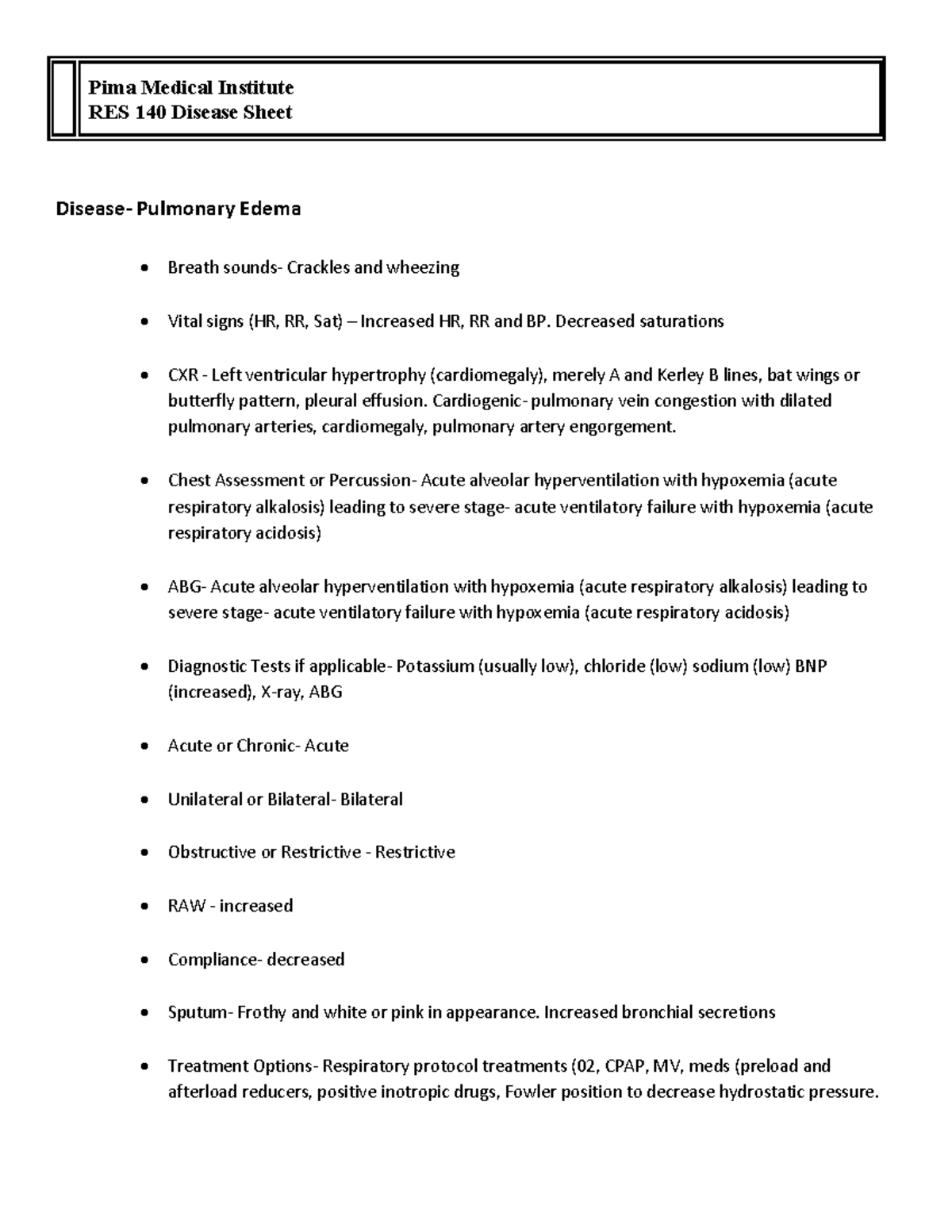 Pulmonary edema - Pima Medical Institute RES 140 Disease Sheet Disease ...