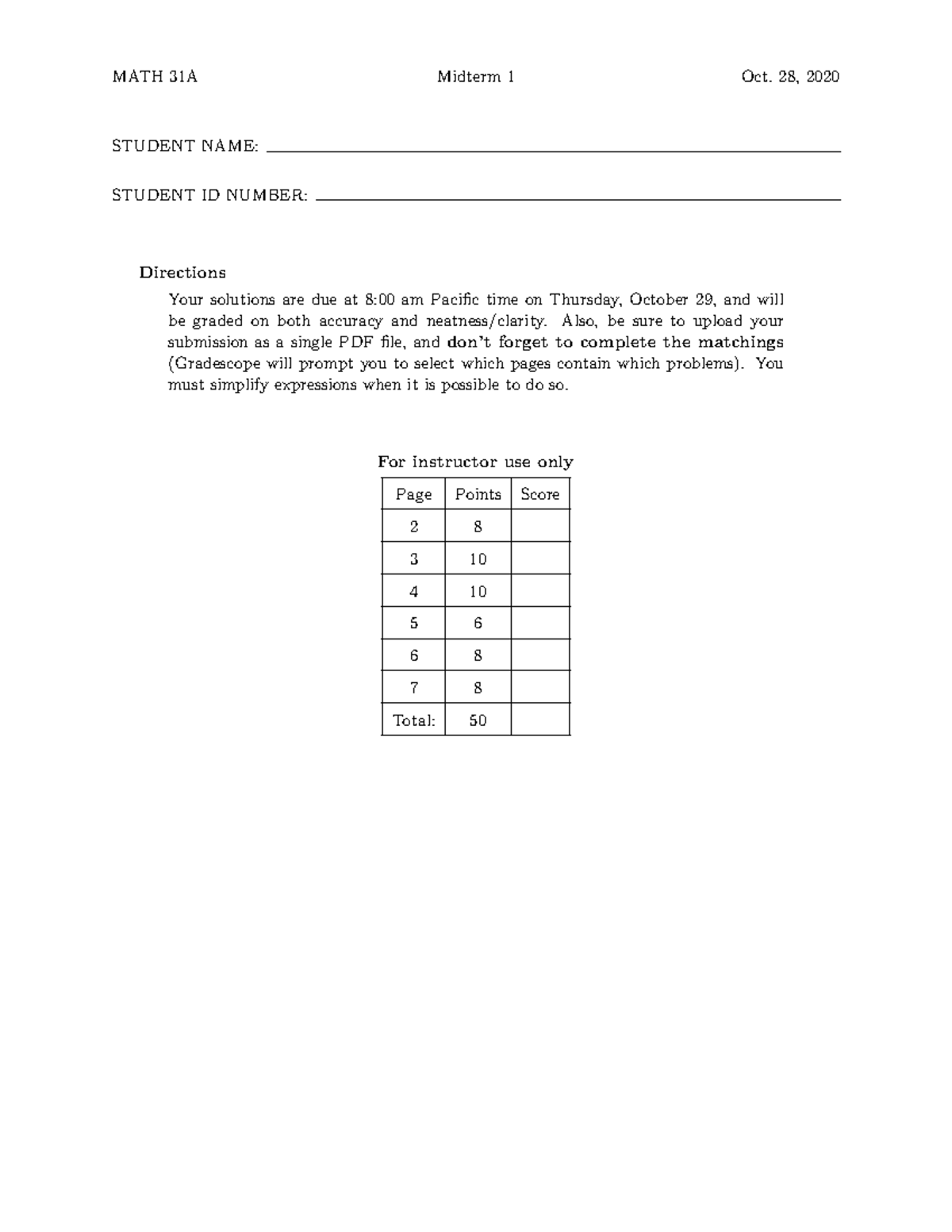 introduction to calculus practice materials - MATH 31A Midterm 1 Oct ...