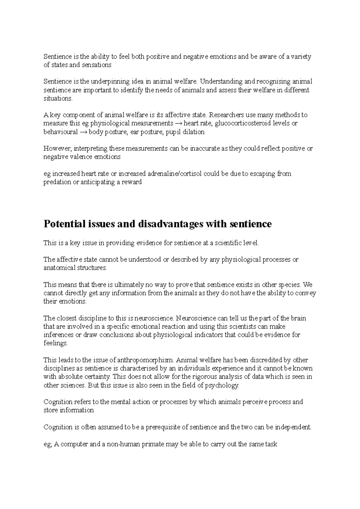 Animal sentience - Lecture notes 3-4 - Sentience is the ability to feel ...