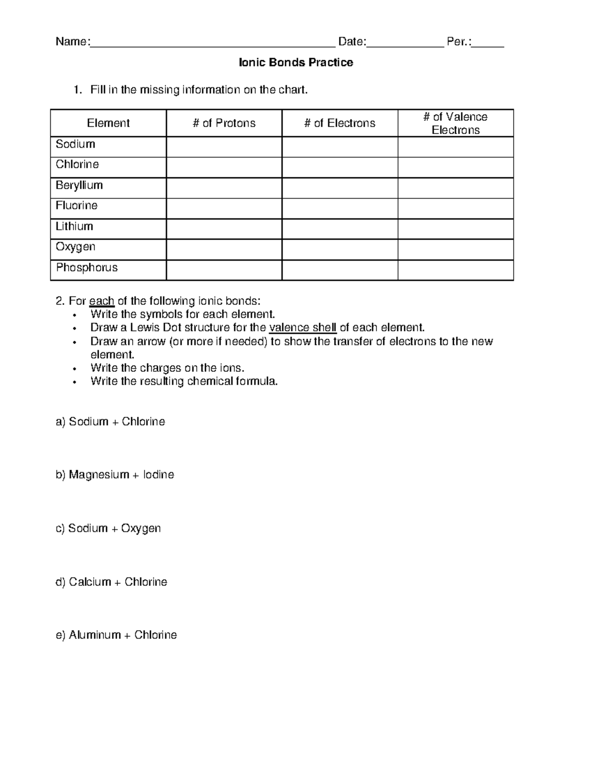 Chemical Bonds Worksheet - Name ...