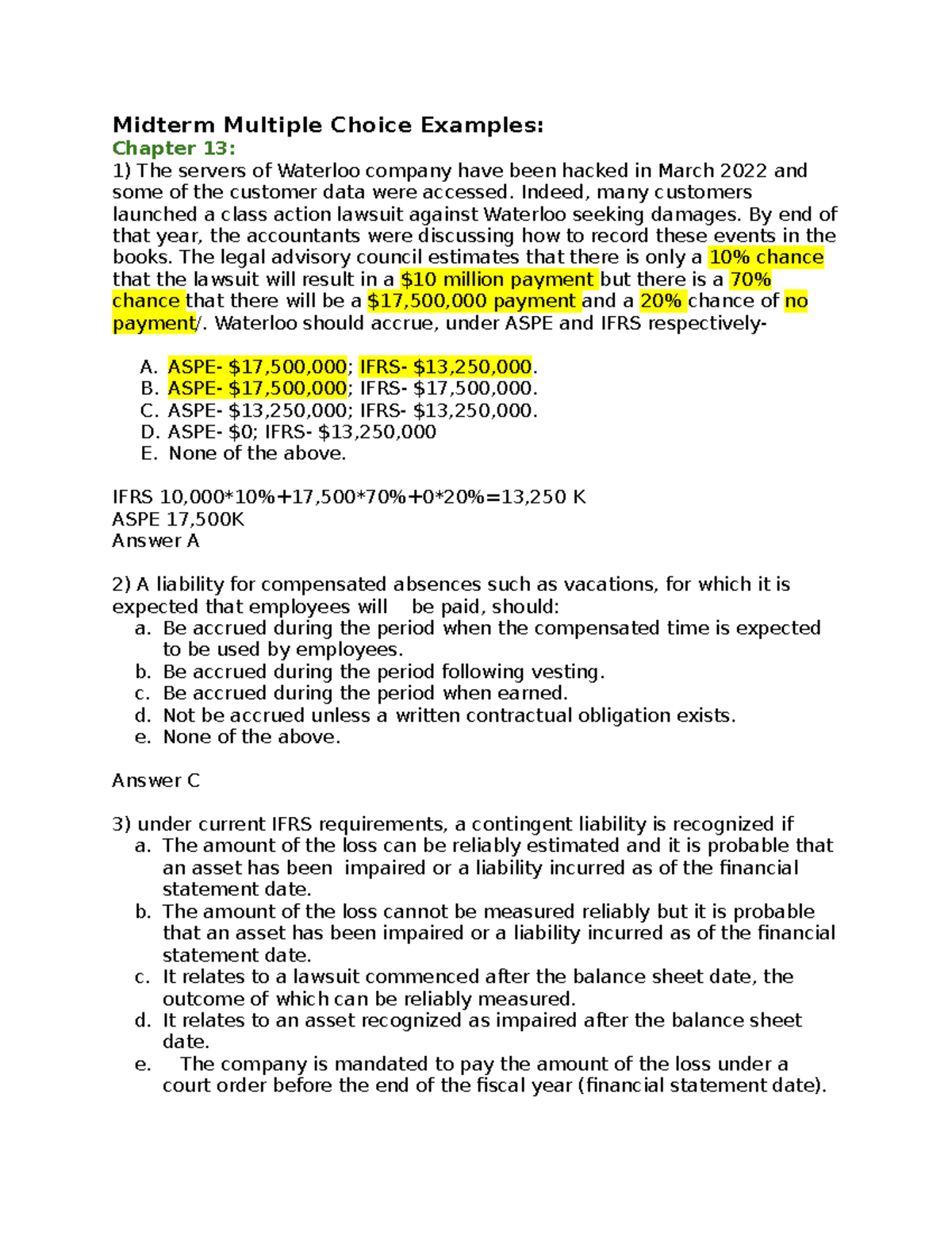 Midterm Mcqs Midterm Multiple Choice Examples Chapter 13 The Servers Of Waterloo Company
