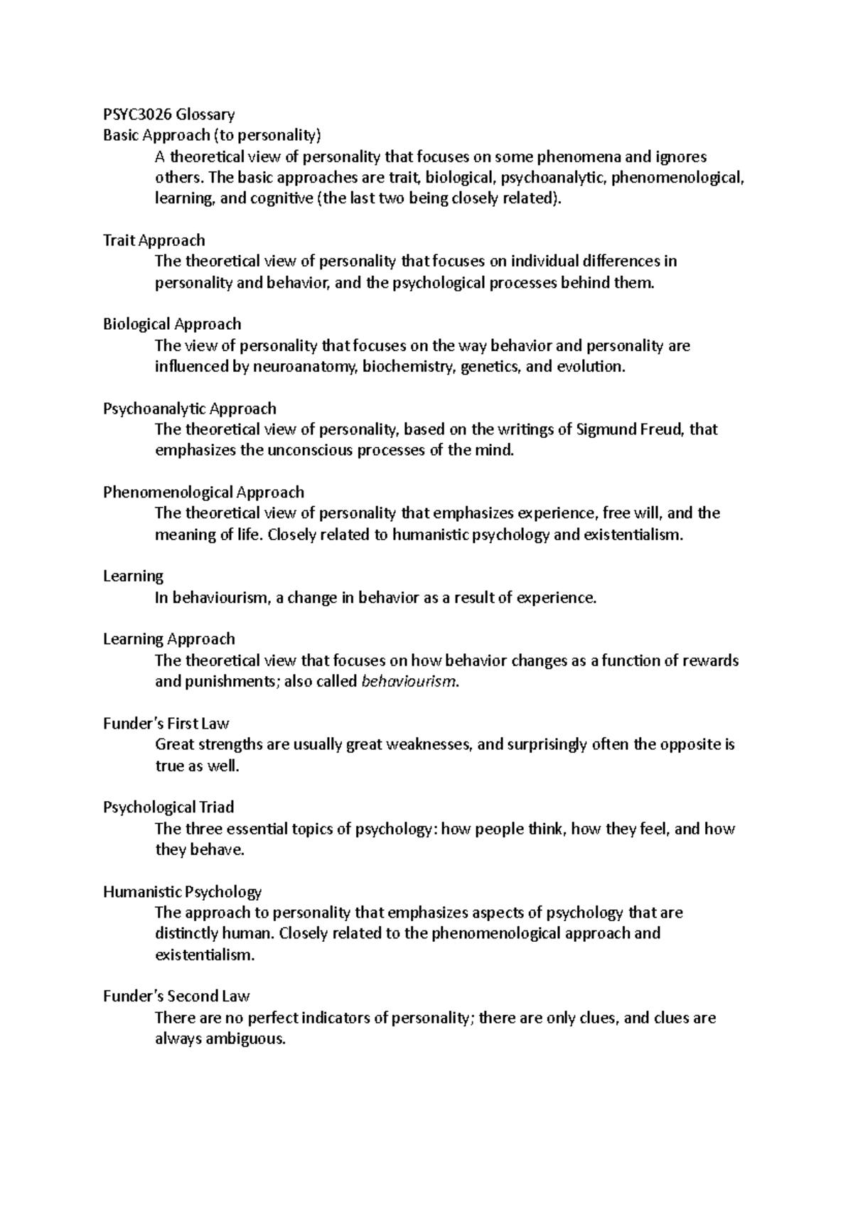 Glossary of Terms - PSYC3026 Glossary Basic Approach (to personality) A ...