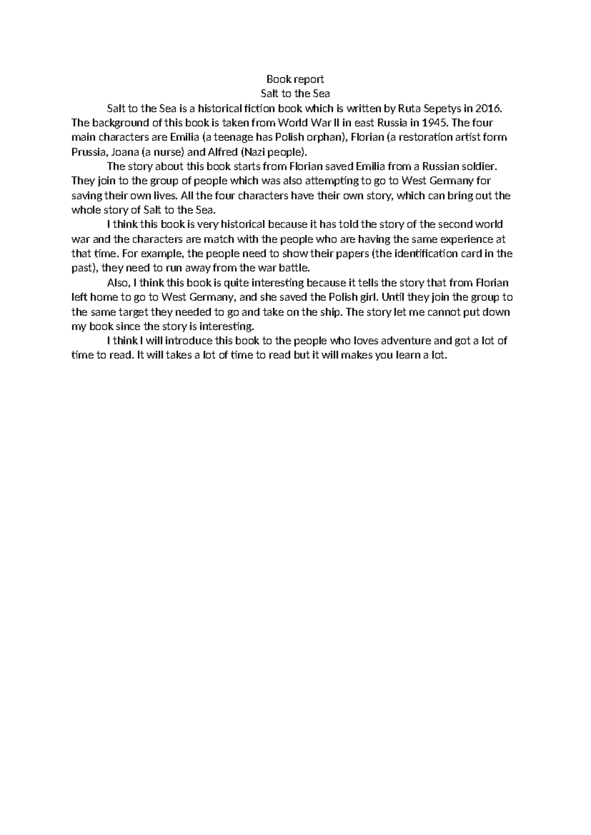 Book report (Salt to the Sea) - Book report Salt to the Sea Salt to the ...