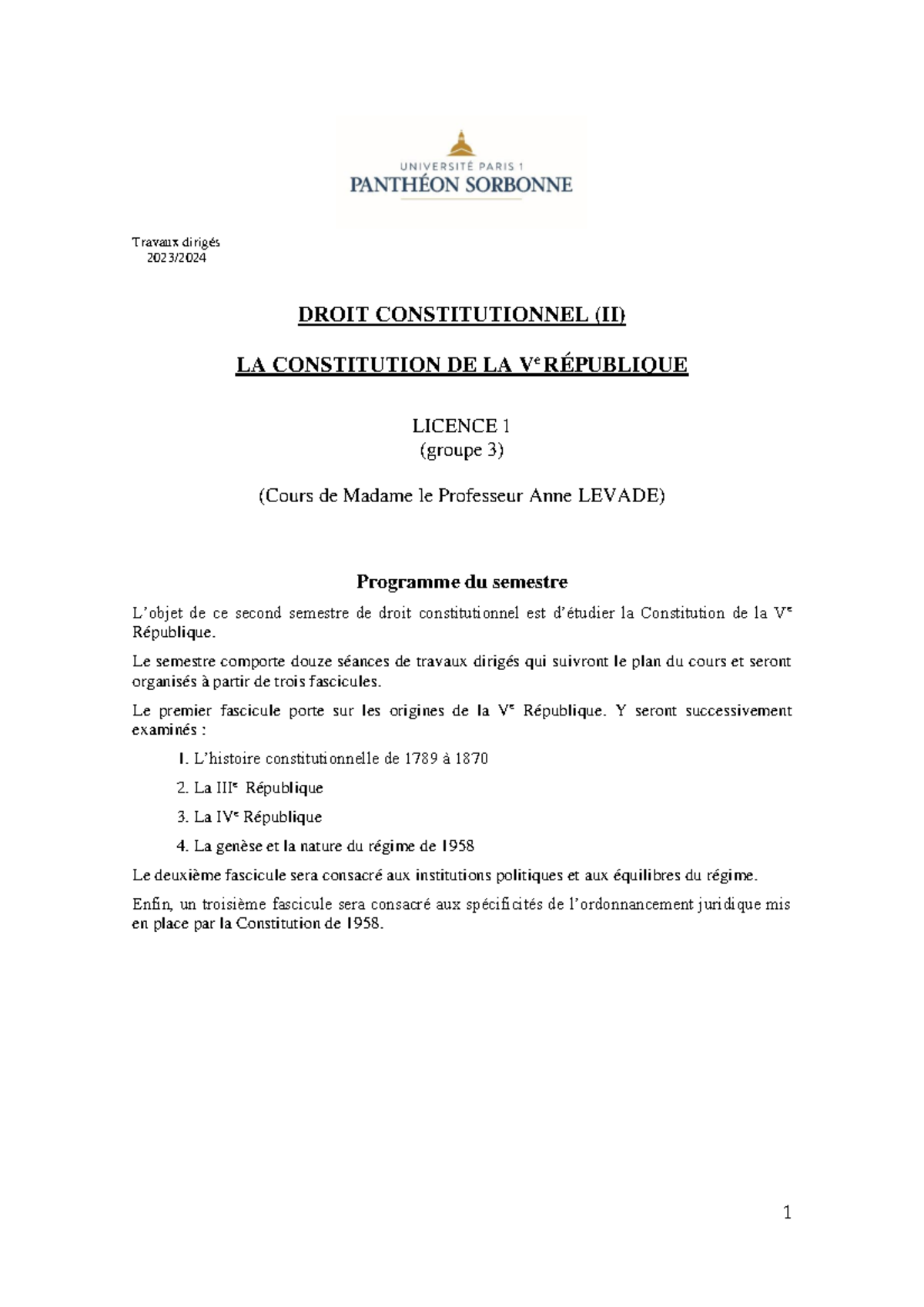 DC S2 - Fasc1 - Docs de cours - Travaux dirigés 202 3/ 2024 DROIT CONSTITUTIONNEL (II) LA - Studocu