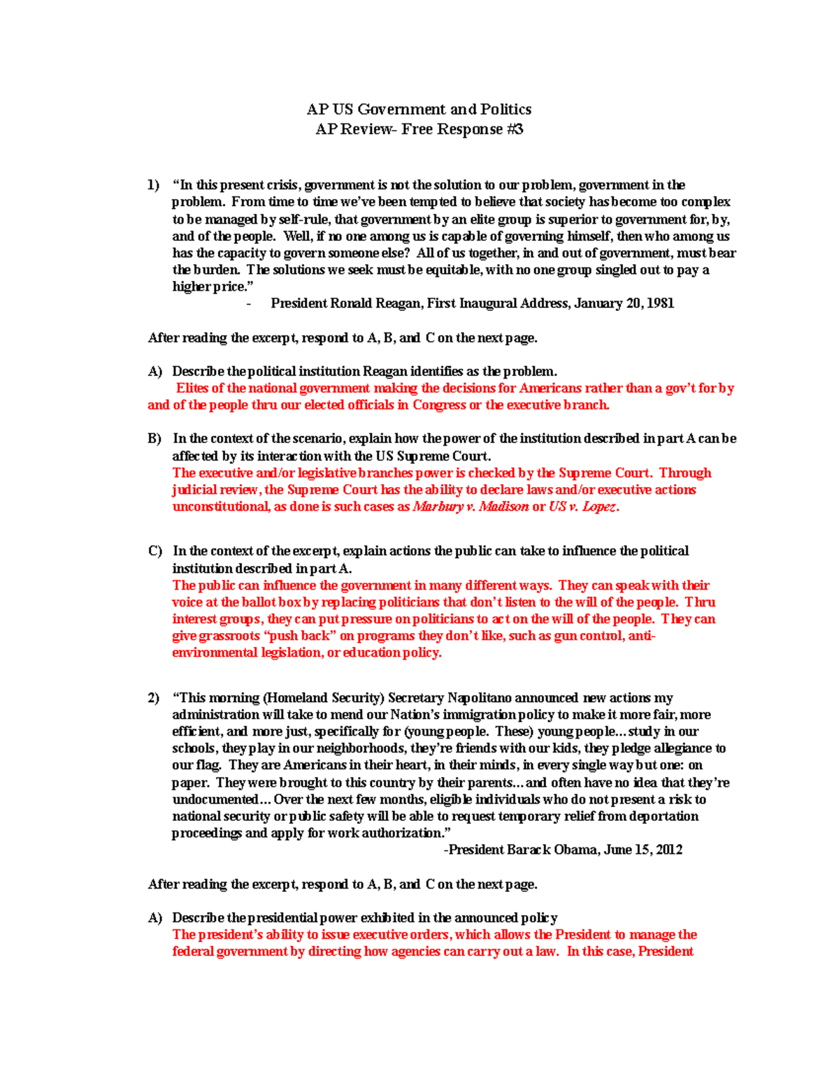 Ap free response review questions 3 key - AP US Government and Politics ...