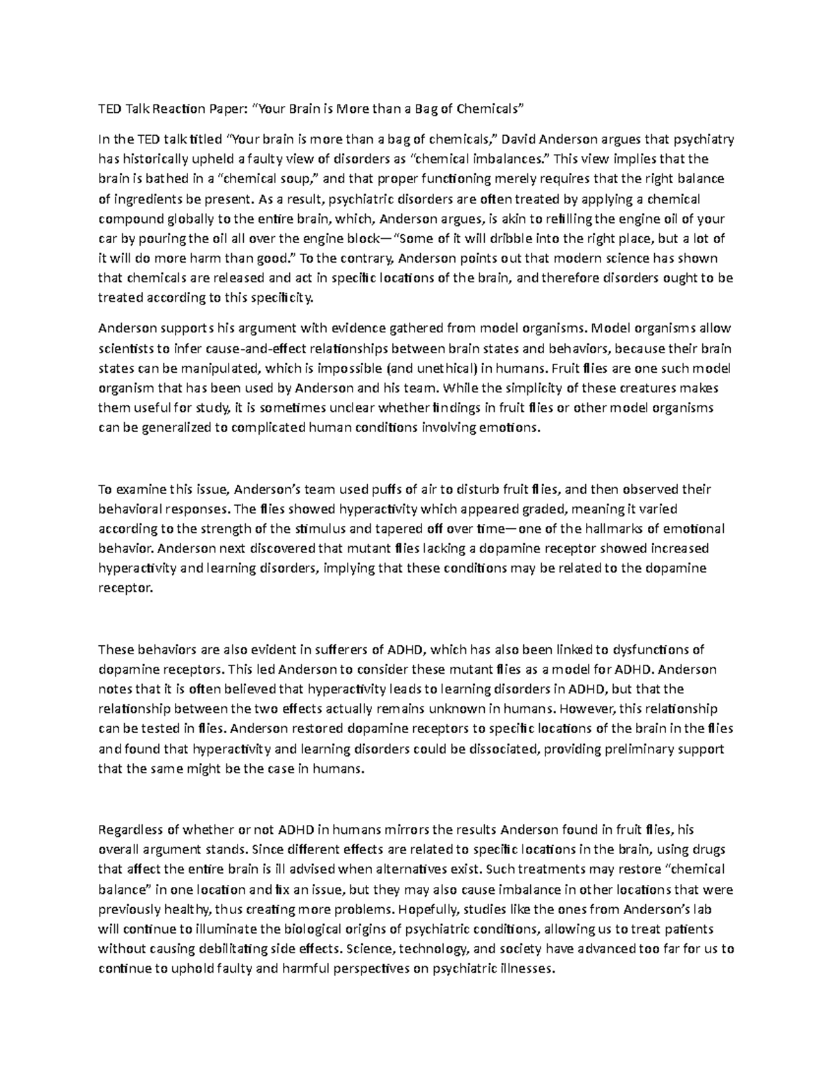 Tedtalks - xghj - TED Talk Reaction Paper: “Your Brain is More than a ...