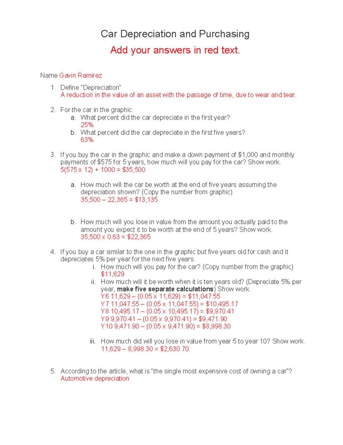 Car Depreciation WS - Car Depreciation and Purchasing Add your answers ...
