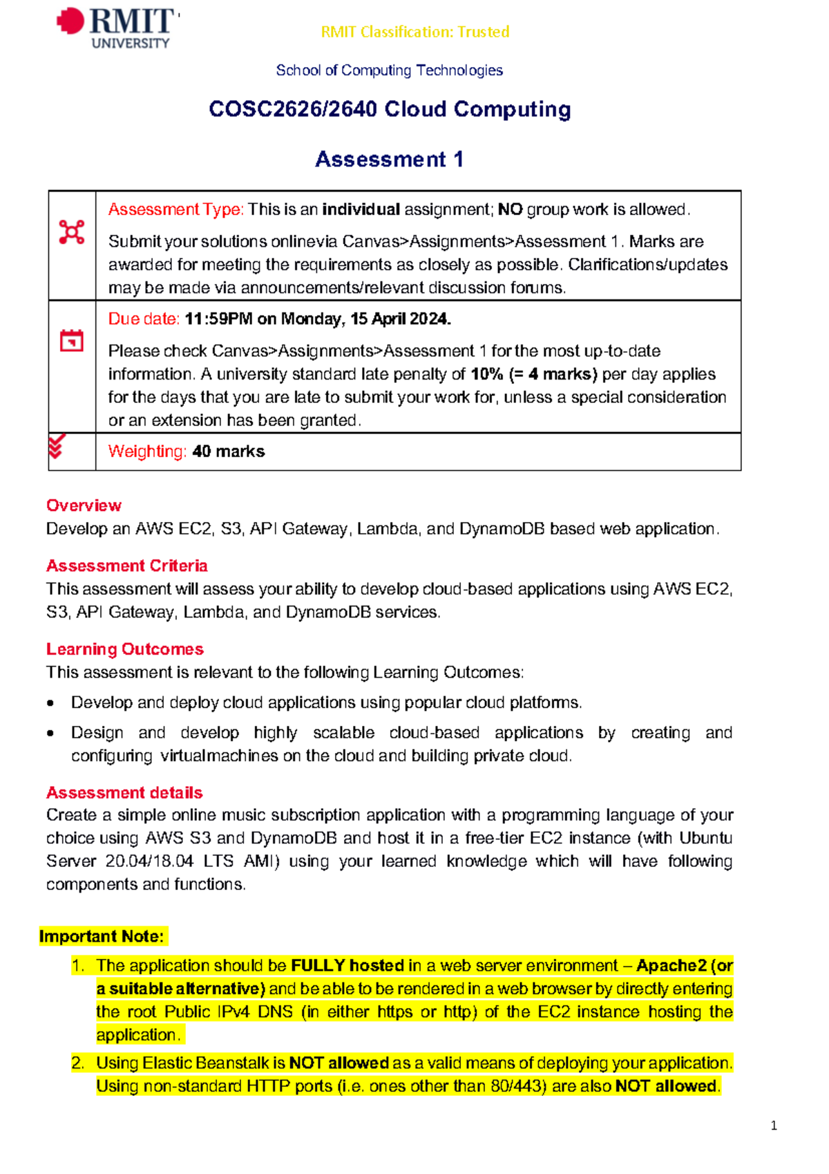 2024 CC Assignment 1 - asd - RMIT Classification: Trusted School of Computing Technologies - Studocu