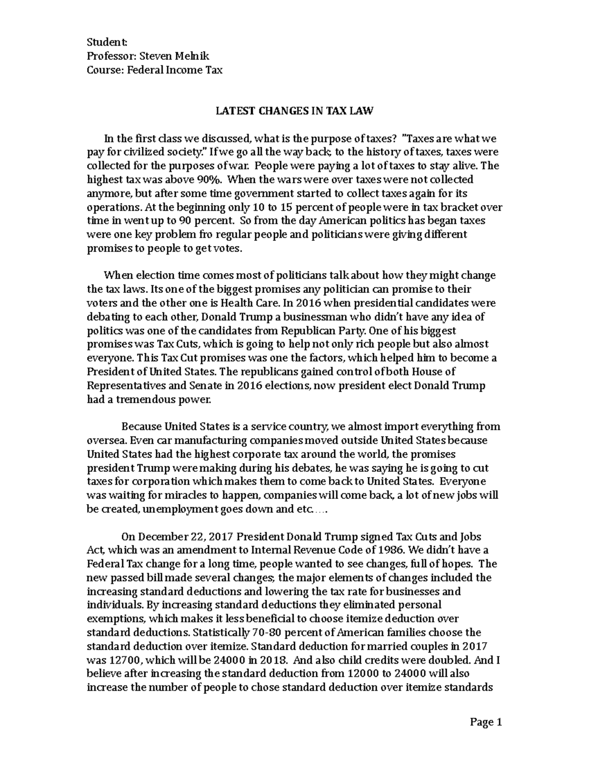 Latest change in law - essay - Student: Professor: Steven Melnik Course ...