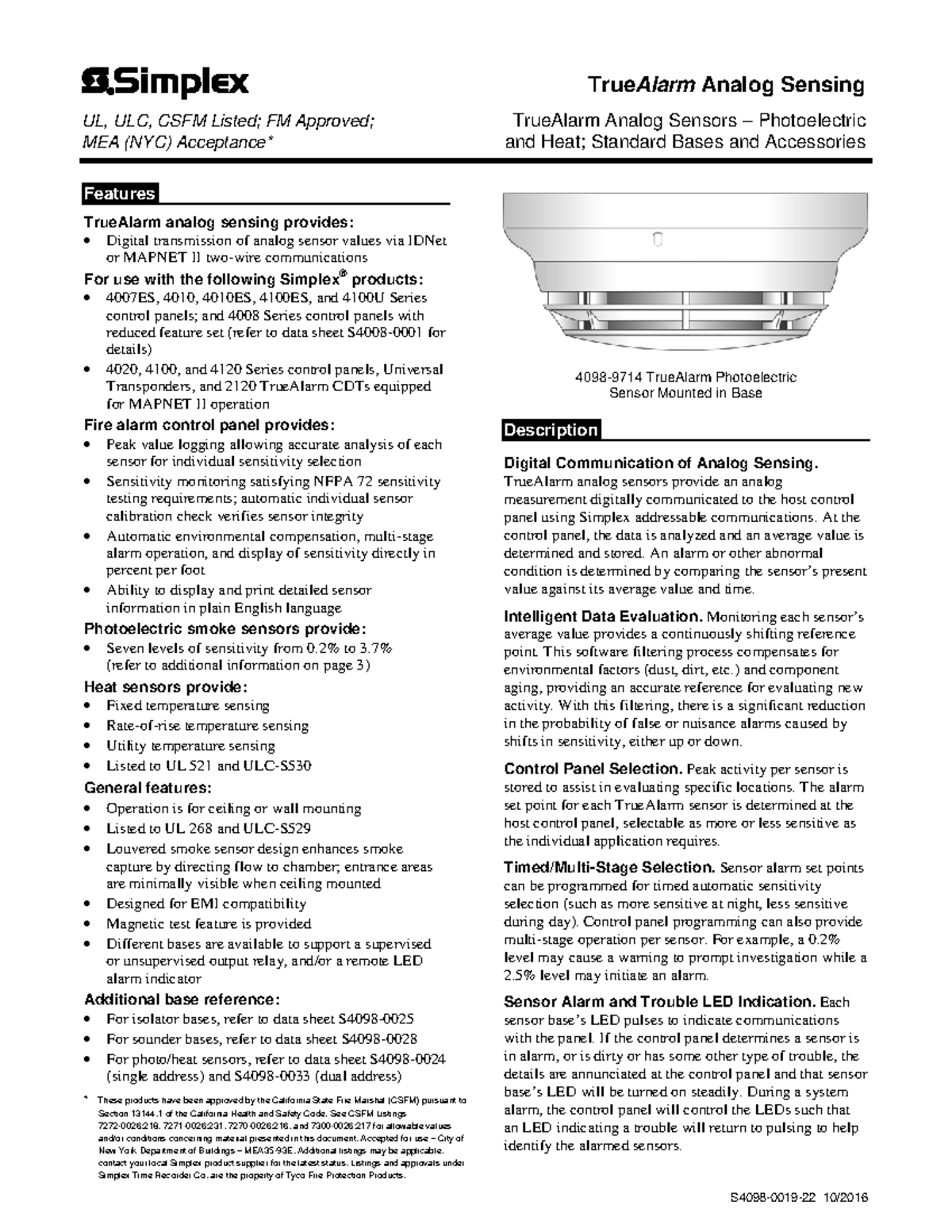 Simplex 4098-9714 - s4098-0019 - Features TrueAlarm analog sensing ...